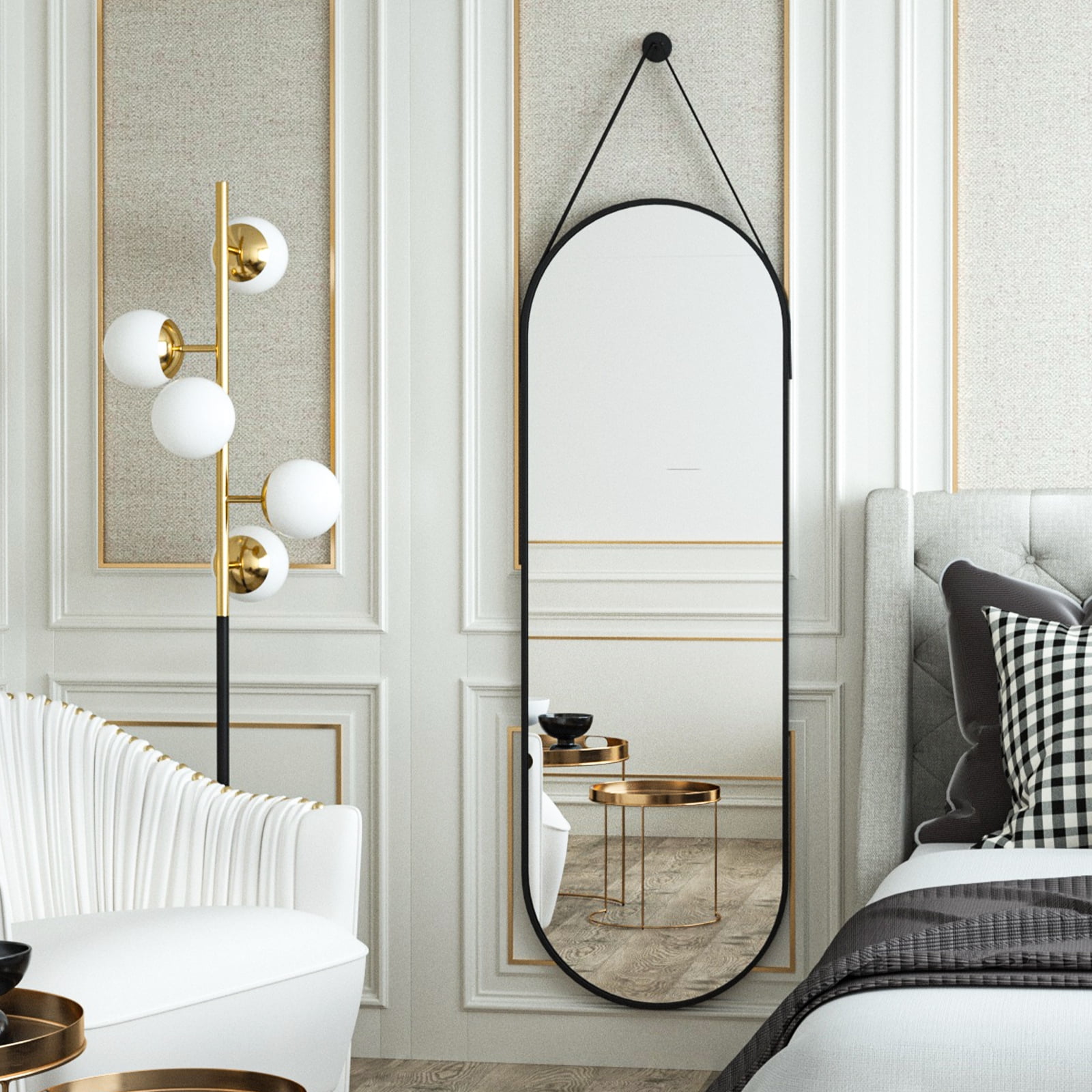 BEAUTYPEAK Slim Rounded 48" x 16" Full Length Hanging Wall Mirror with ...