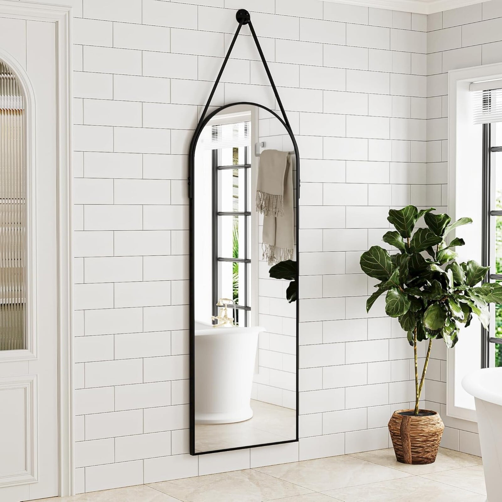 BEAUTYPEAK 48"x16" Arched Full Length Wall Mirror with Leather Hanging ...