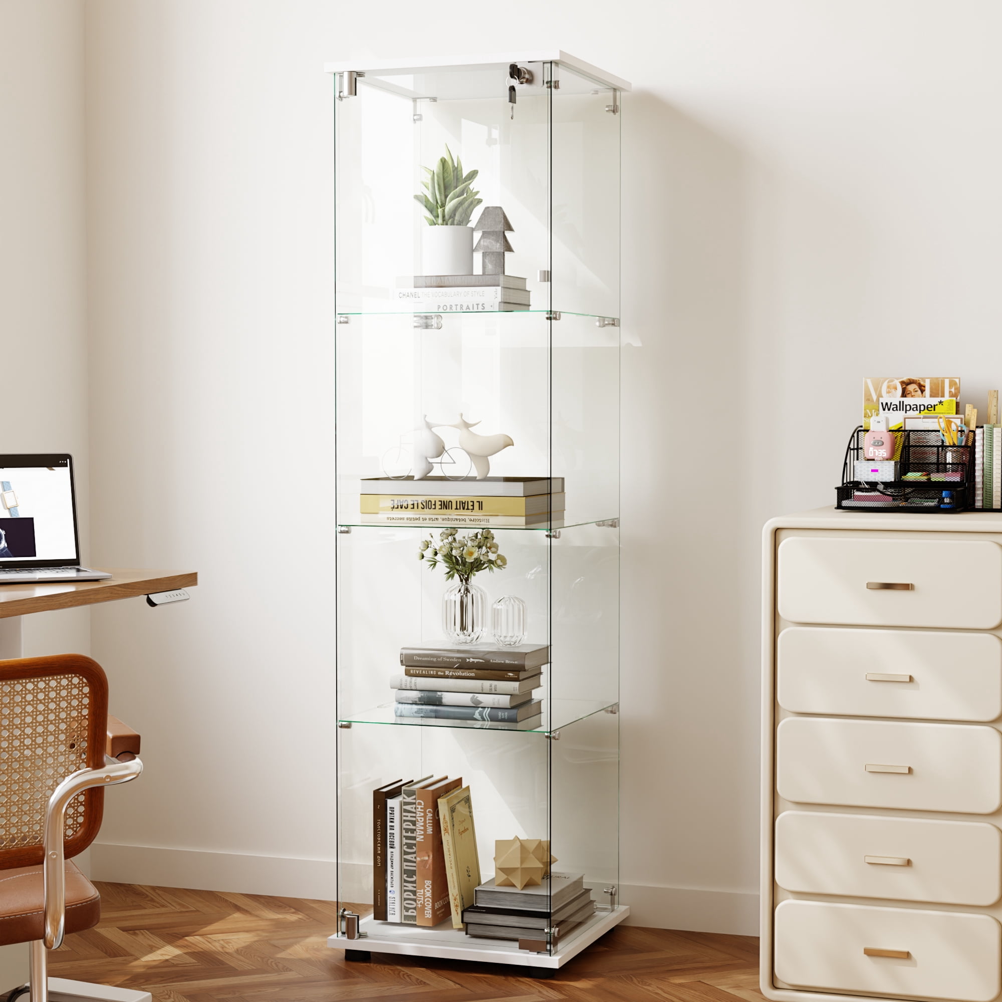 BEAUTYPEAK 64" Display Cabinet with Glass Doors,4-Tier Single-Door ...
