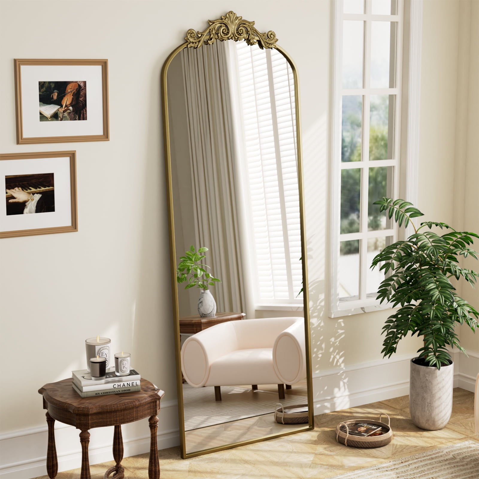 BEAUTYPEAK 67"x24" Full Length Mirror with Baroque Flower Head Design Wall-Mounted Mirror ...