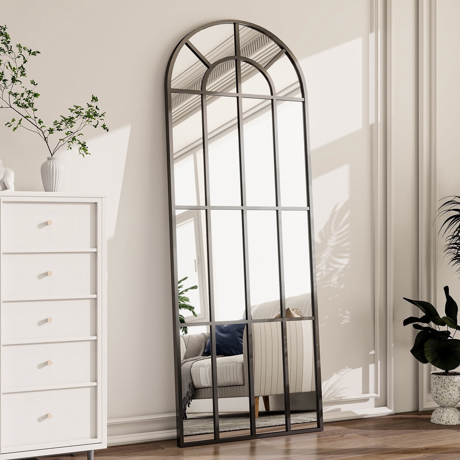 BEAUTYPEAK 69"x 25" Arched Full-Length Windowpane Mirror Wall-Decor ...