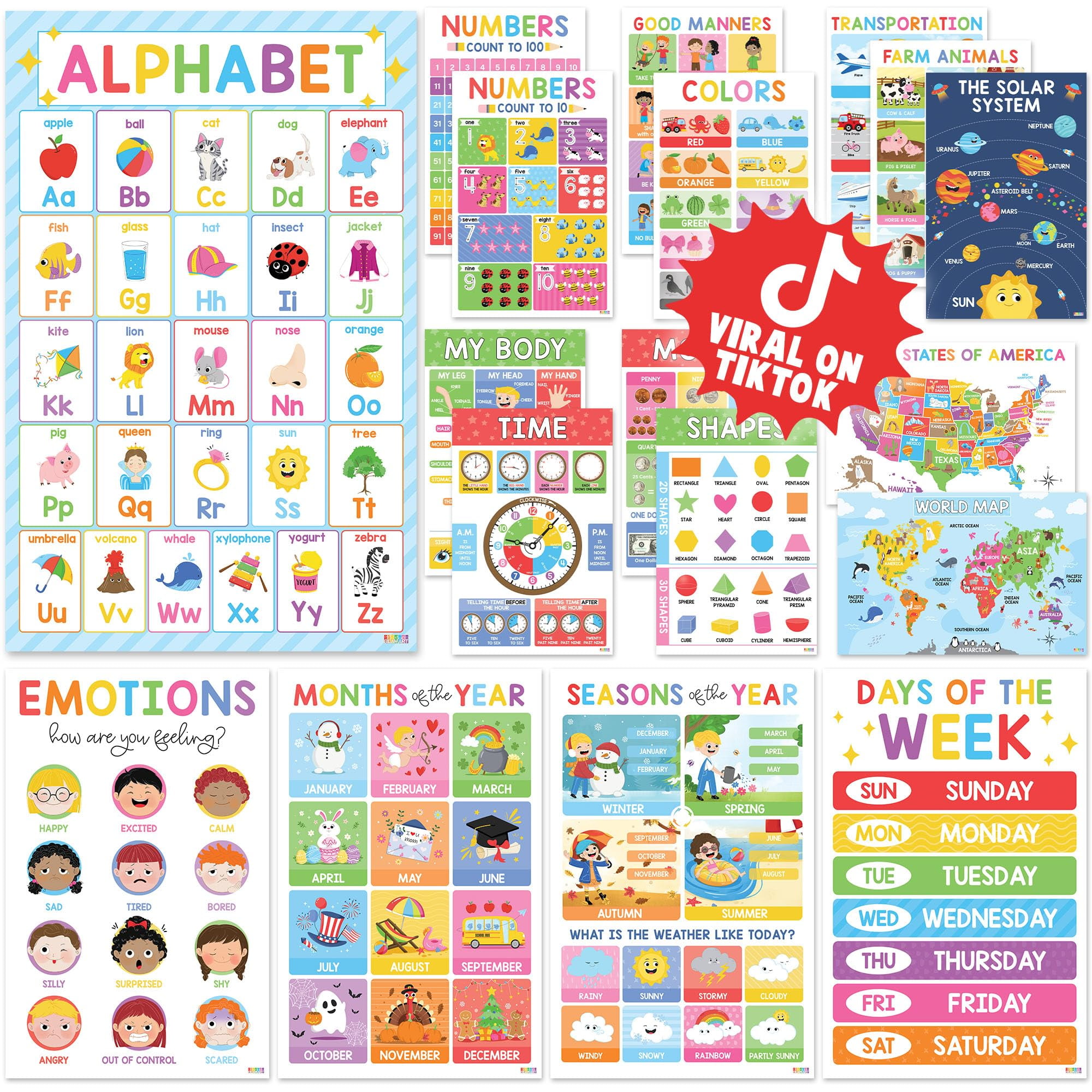 BEAWART Educational Math Posters for Classroom, Preschool Posters for ...