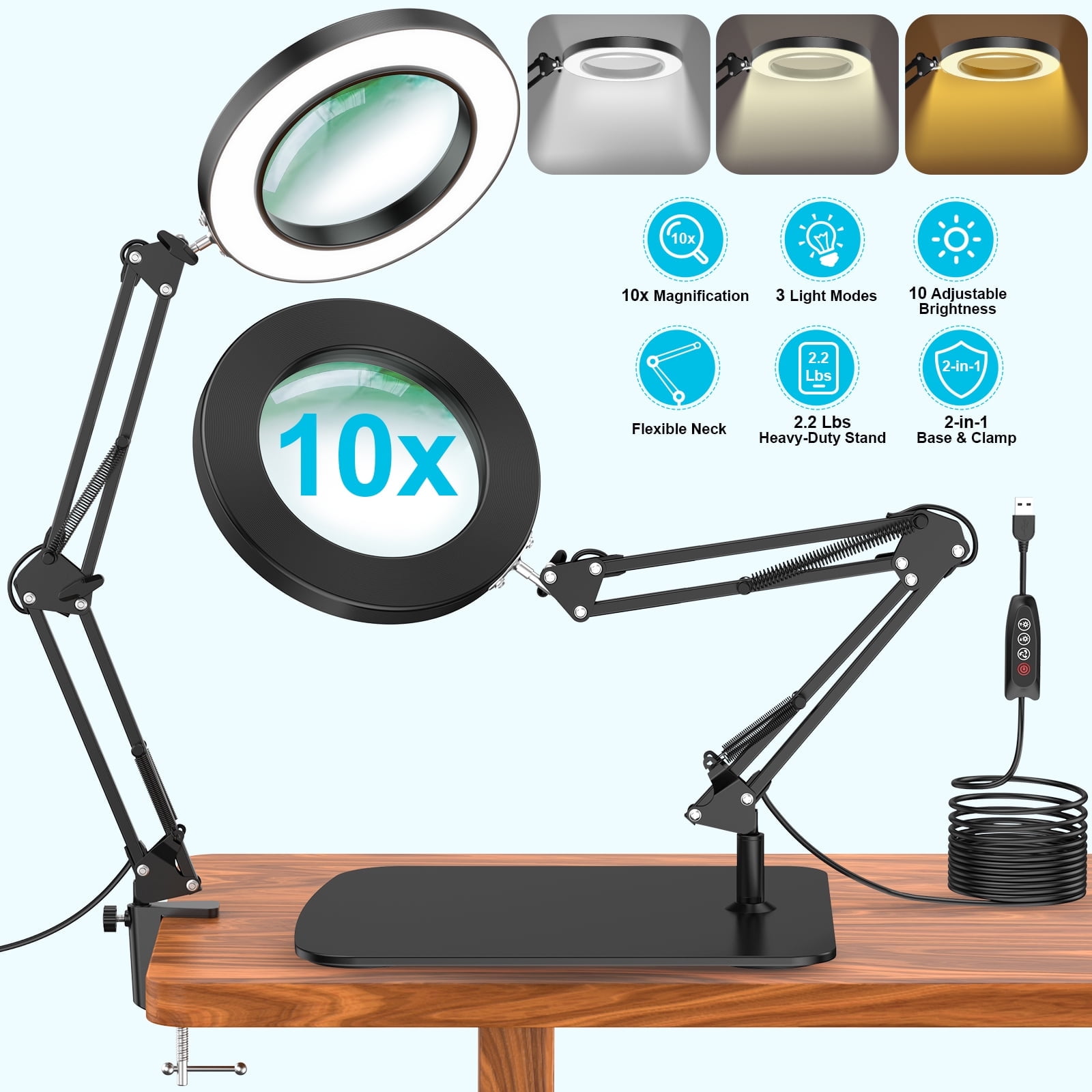 BEBANG 10X Magnifying Glass, 2 in 1 Magnifying Lamp with Heavvy Stand ...