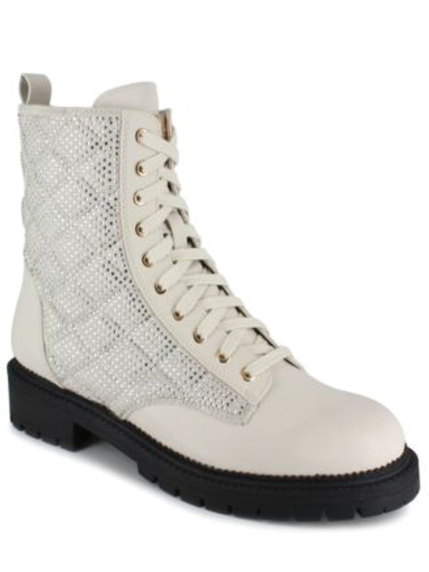 BEBE Womens White Rhinestone Quilted Dorienne Round Toe Block Heel Zip ...