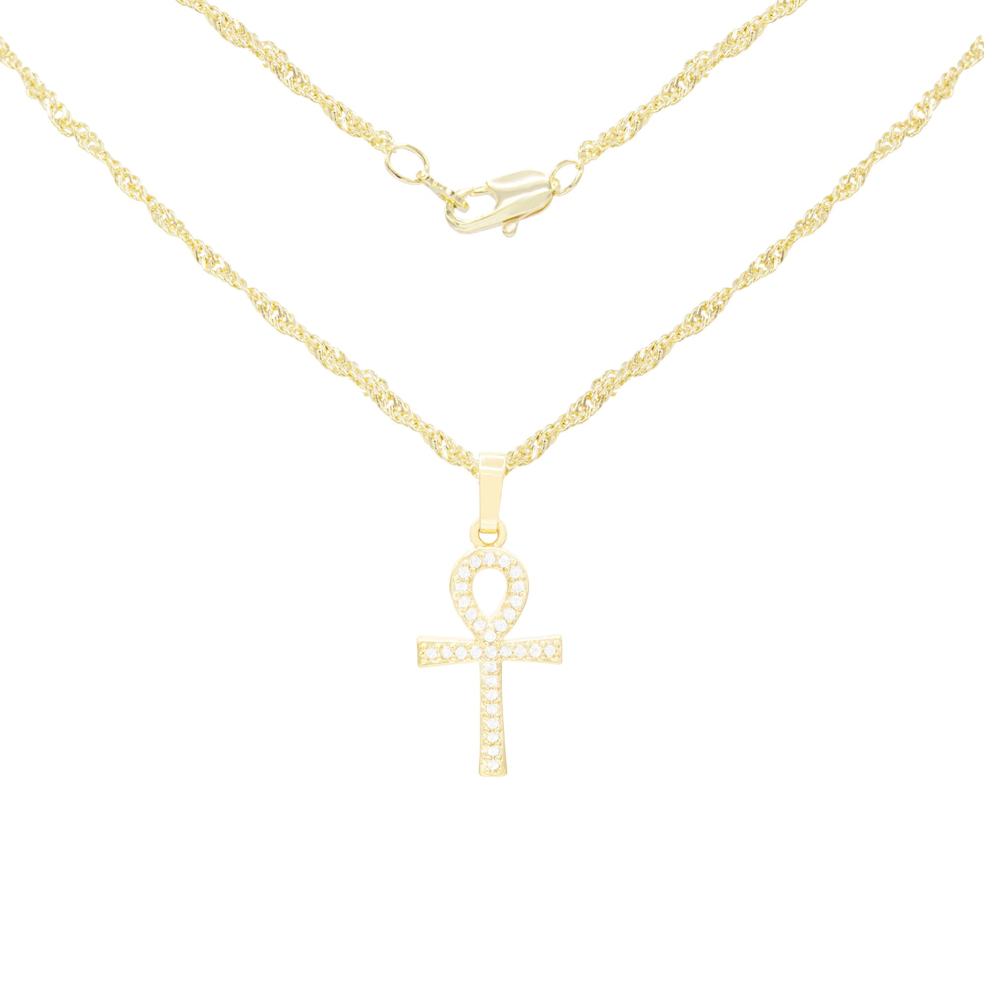 BEBERLINI Ankh Cross CZ Pendant 14K Gold Filled Rope Chain Necklace ...
