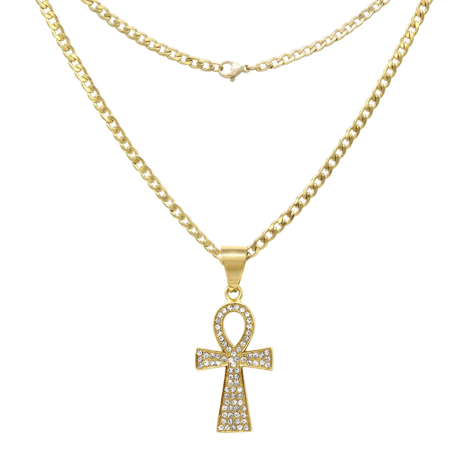 BEBERLINI Ankh Cubic Zirconia Pendant Cuban Link Chain Necklace 14K ...