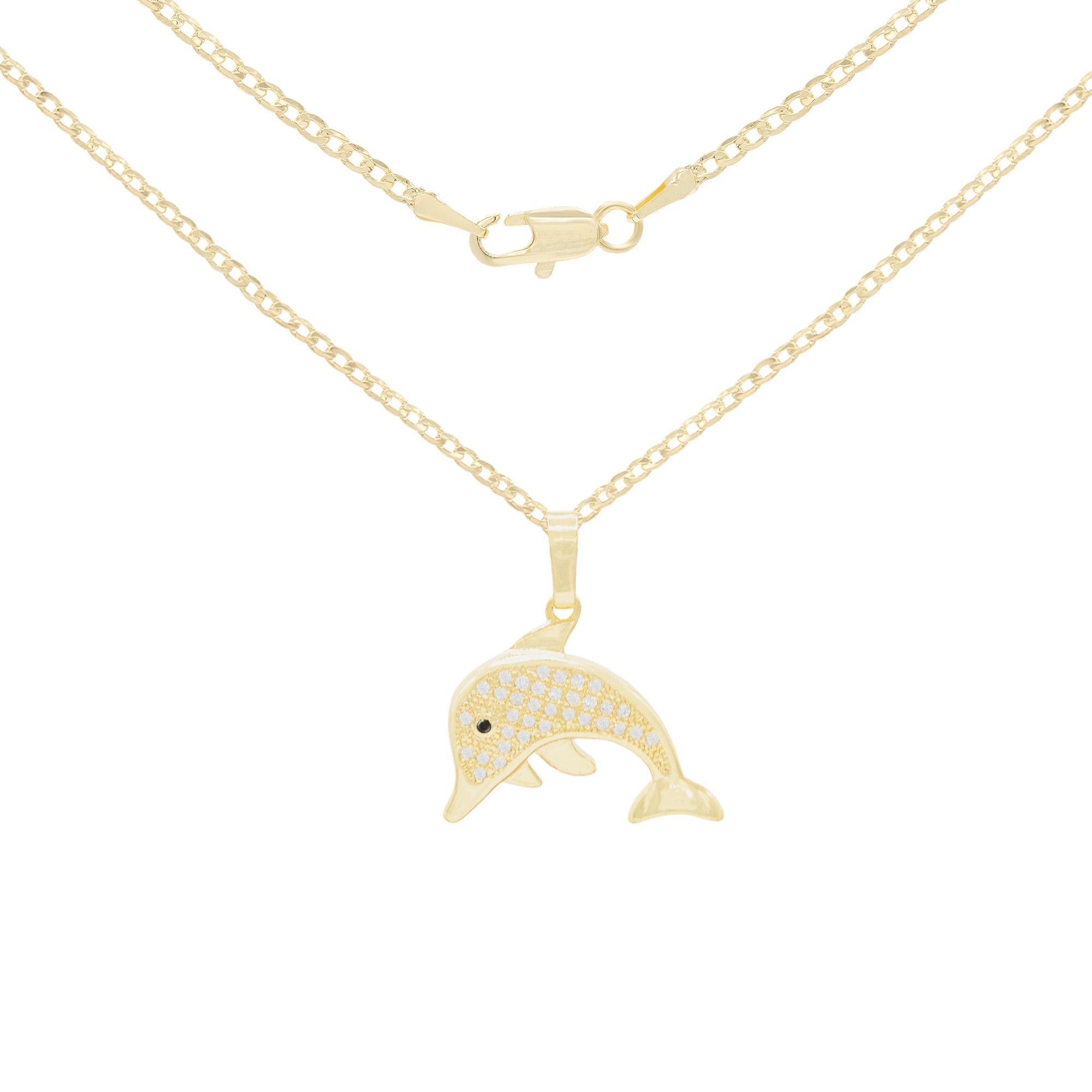 BEBERLINI Dolphin CZ Charm 14K Gold Filled Cuban Chain Pendant Necklace ...