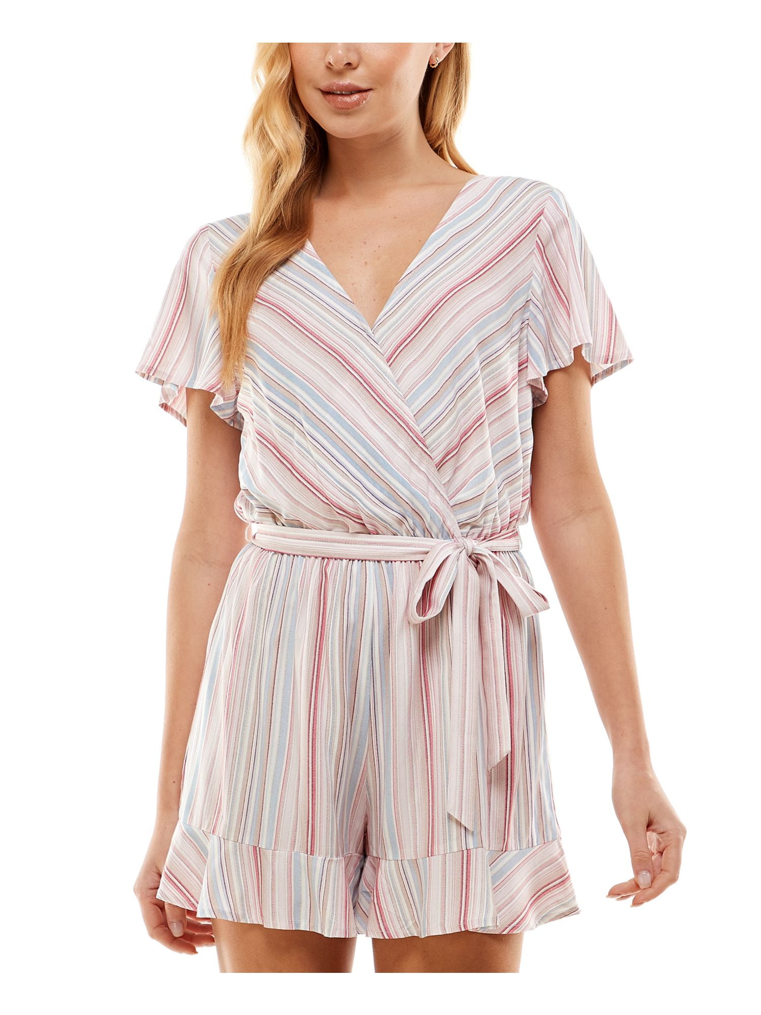 BEBOP Womens Pink Ruffled Pull-on Self-tie Belt Striped Flutter Sleeve ...