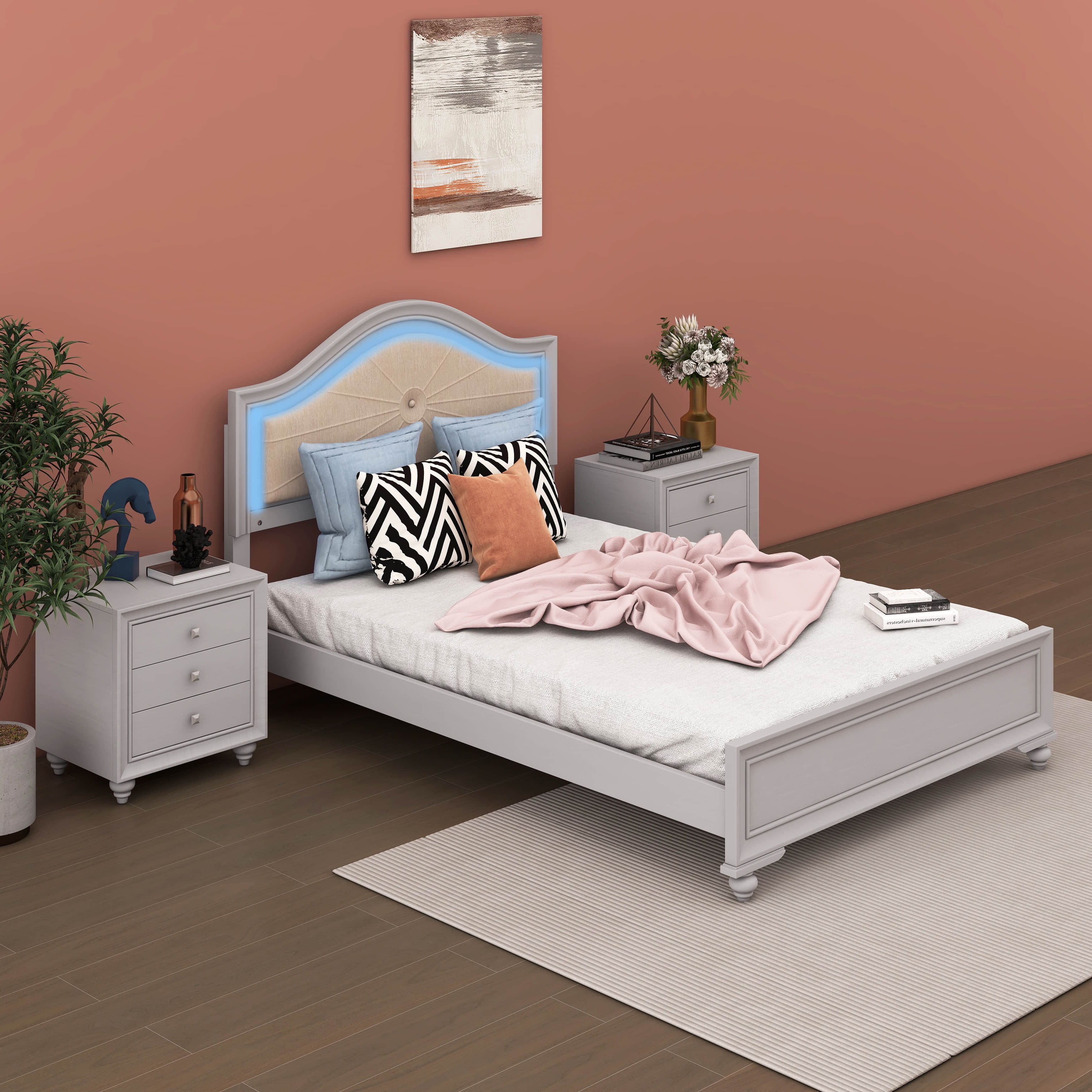 BEBPILOO 3-Piece Bedroom Set, Full Solid Wood Bed with Hidden LED Lights, Upholstered Headboard ...