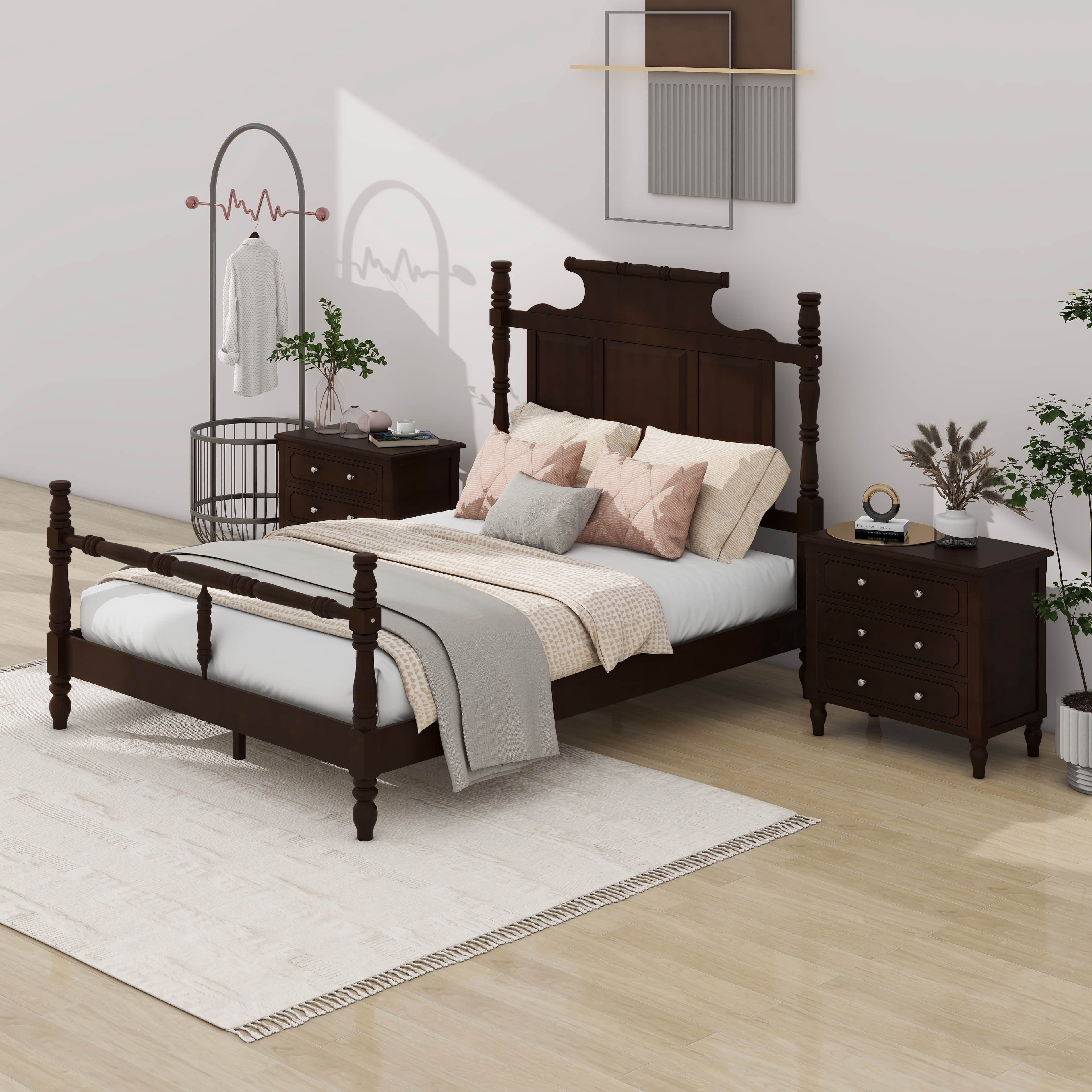 BEBPILOO 3-Piece Vintage Rustic Solid Wood Queen Size Four Post ...