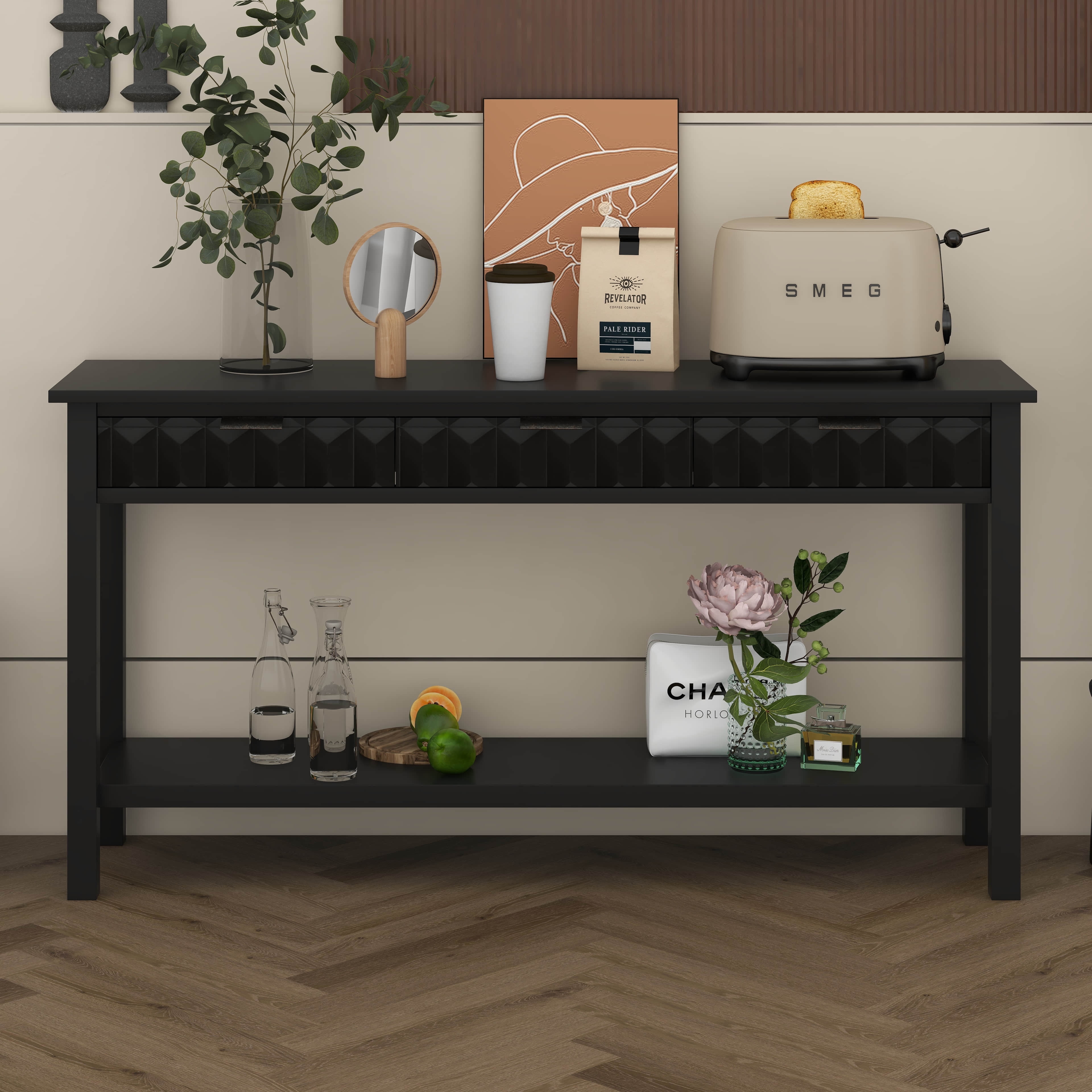 BEBPILOO 60" Fir Veneer Entryway Table with Honeycomb-patterned Fronts ...