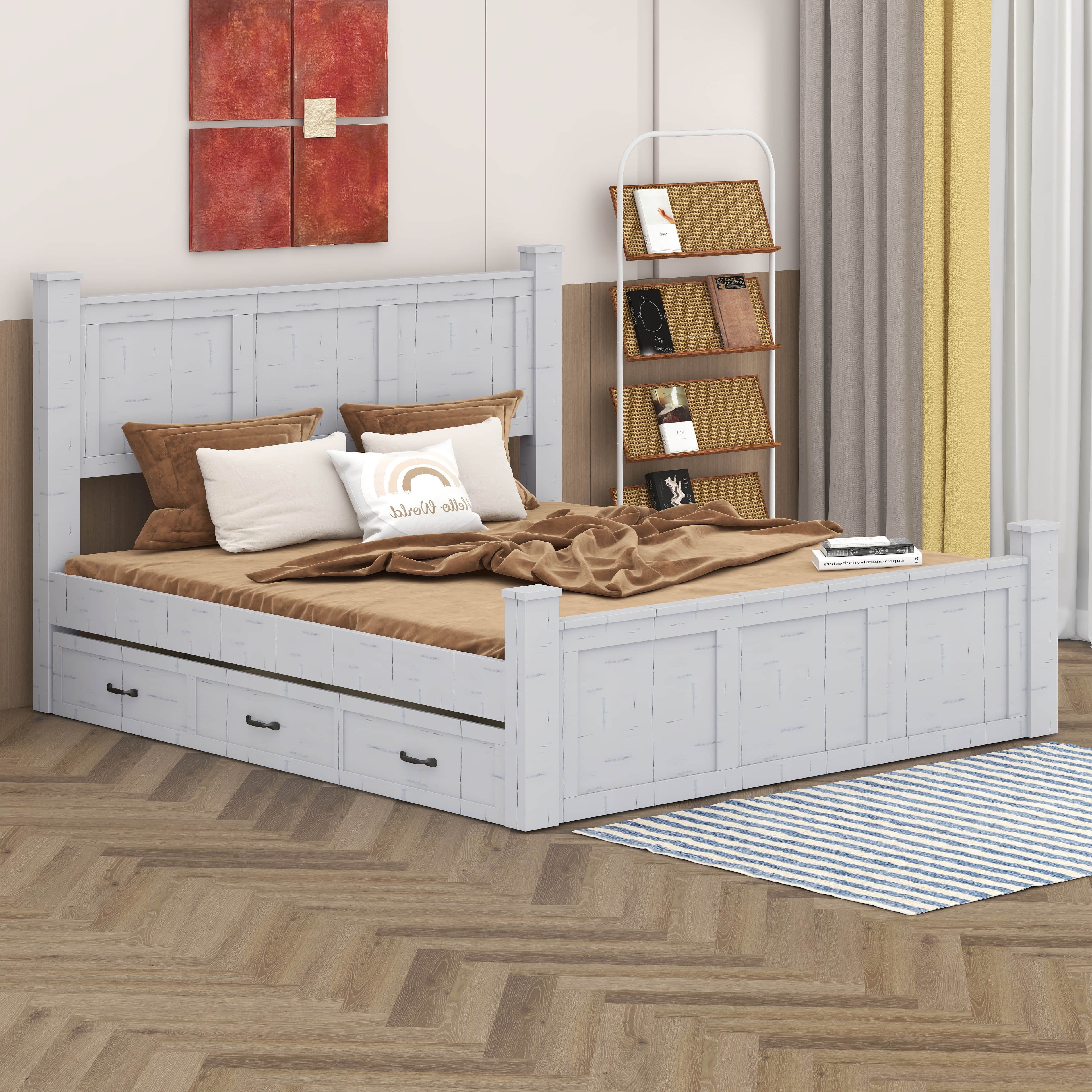 BEBPILOO Farmhouse Style Wood Panel Bed Frame Four Square Poster Bed with Three Storage Drawers ...