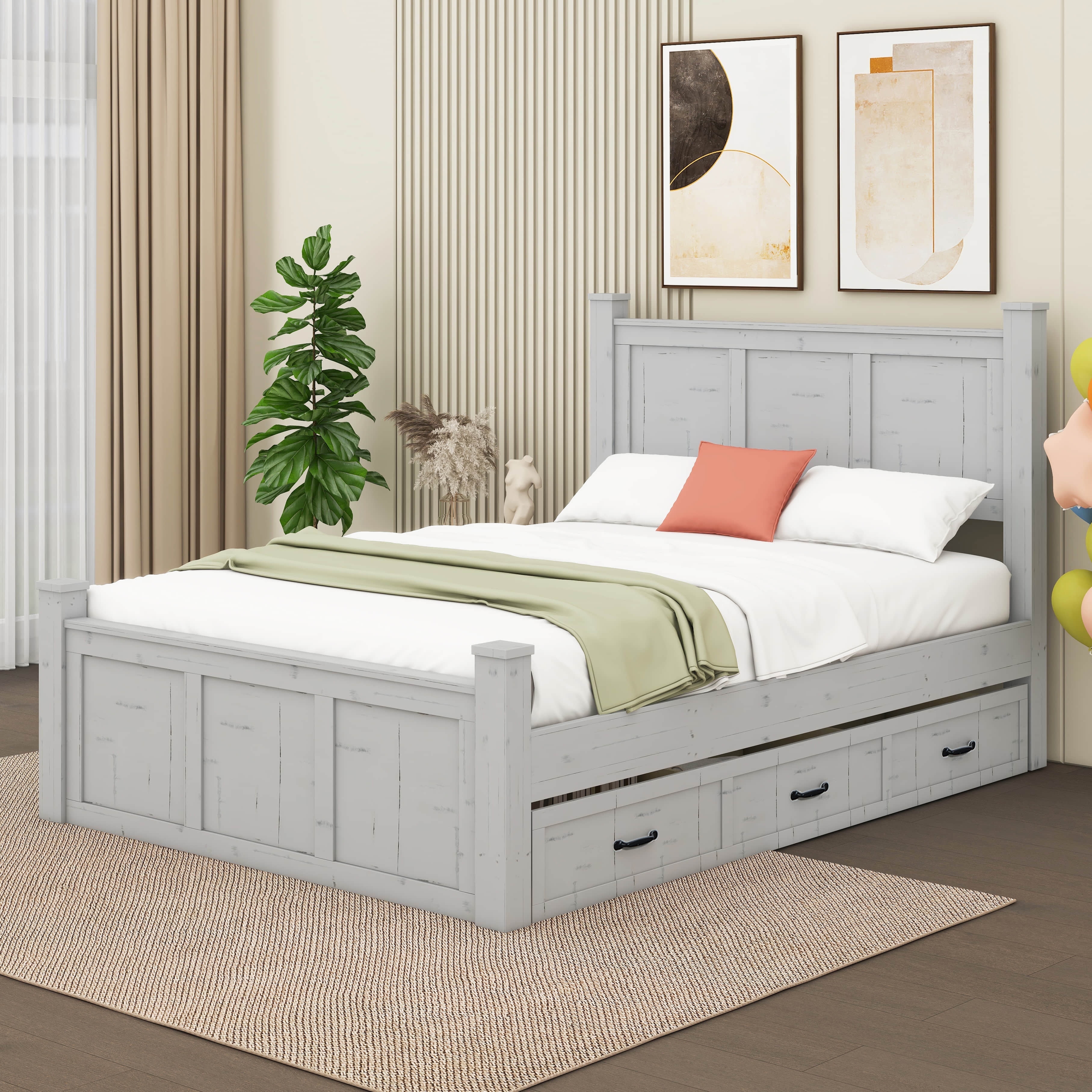 BEBPILOO Farmhouse Style Wood Panel Bed Frame Four Square Poster Bed with Three Storage Drawers ...