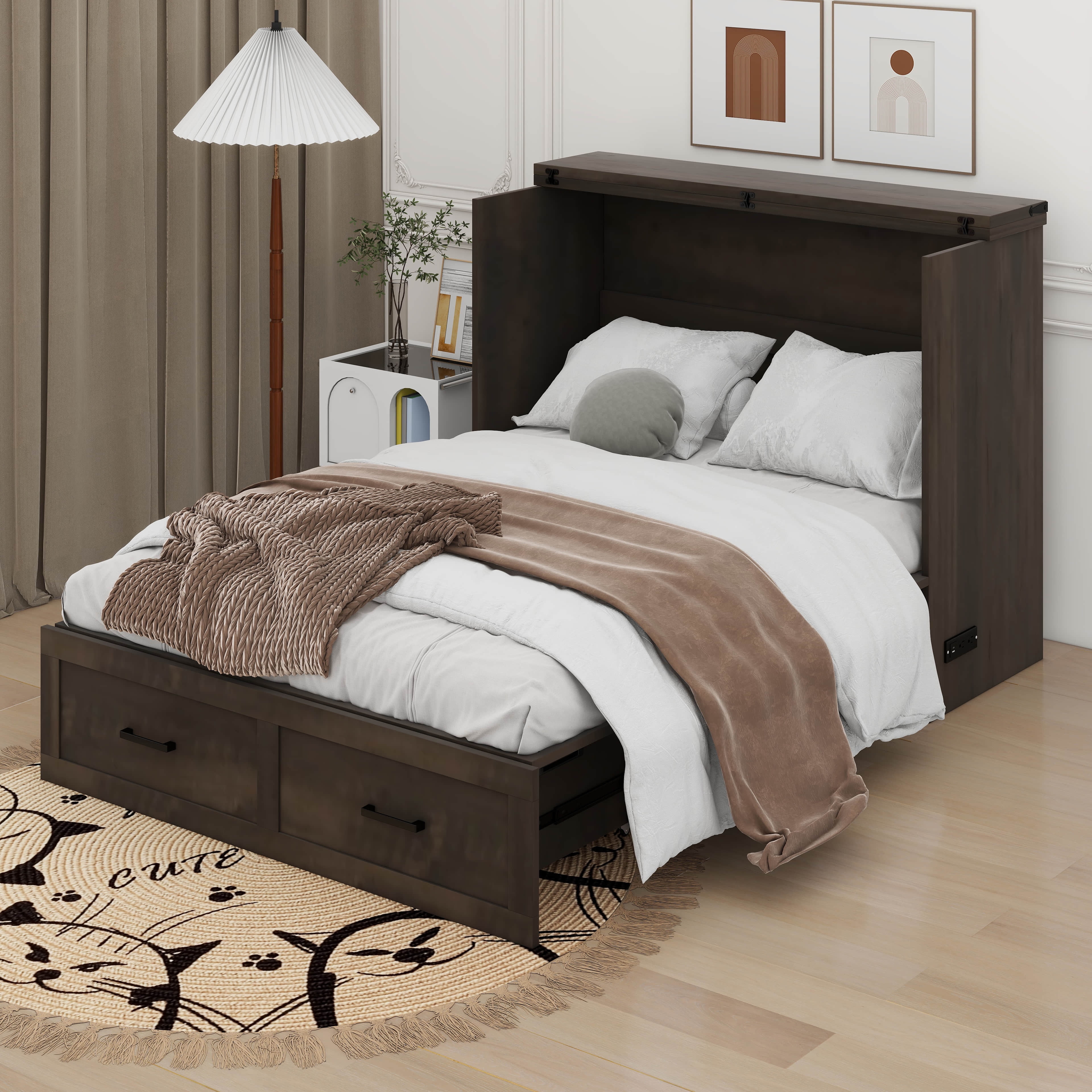 BEBPILOO Full Size Farmhouse Murphy Cabinet Bed with Charging Station ...