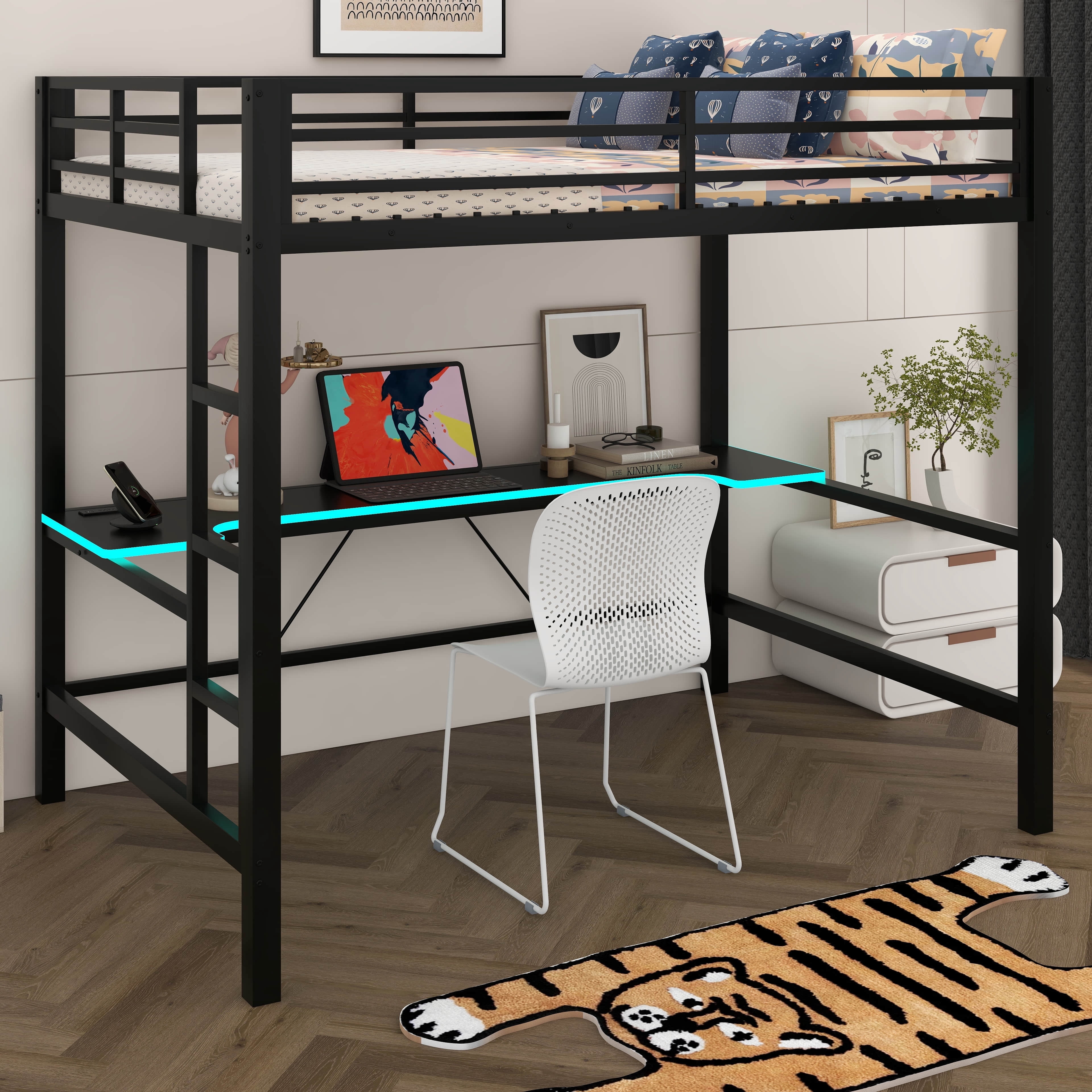 BEBPILOO Full Size Game Metal Loft Bed Frame with LED Lights and Desk ...