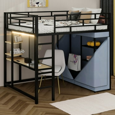 RIGO Metal Full Size Loft Bed with L-shaped Desk and USB Loft Bed with ...