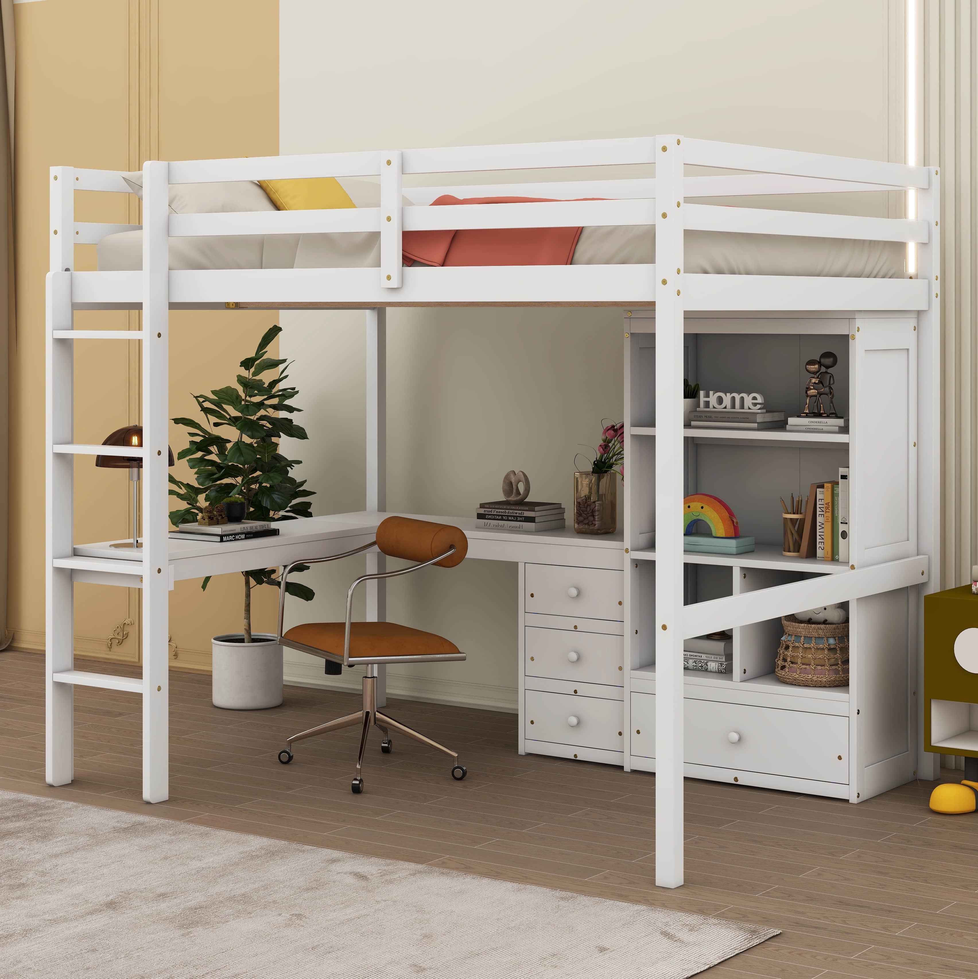 BEBPILOO Full Size Loft Wood Bed with Desk, Storage shelves and Drawers ...