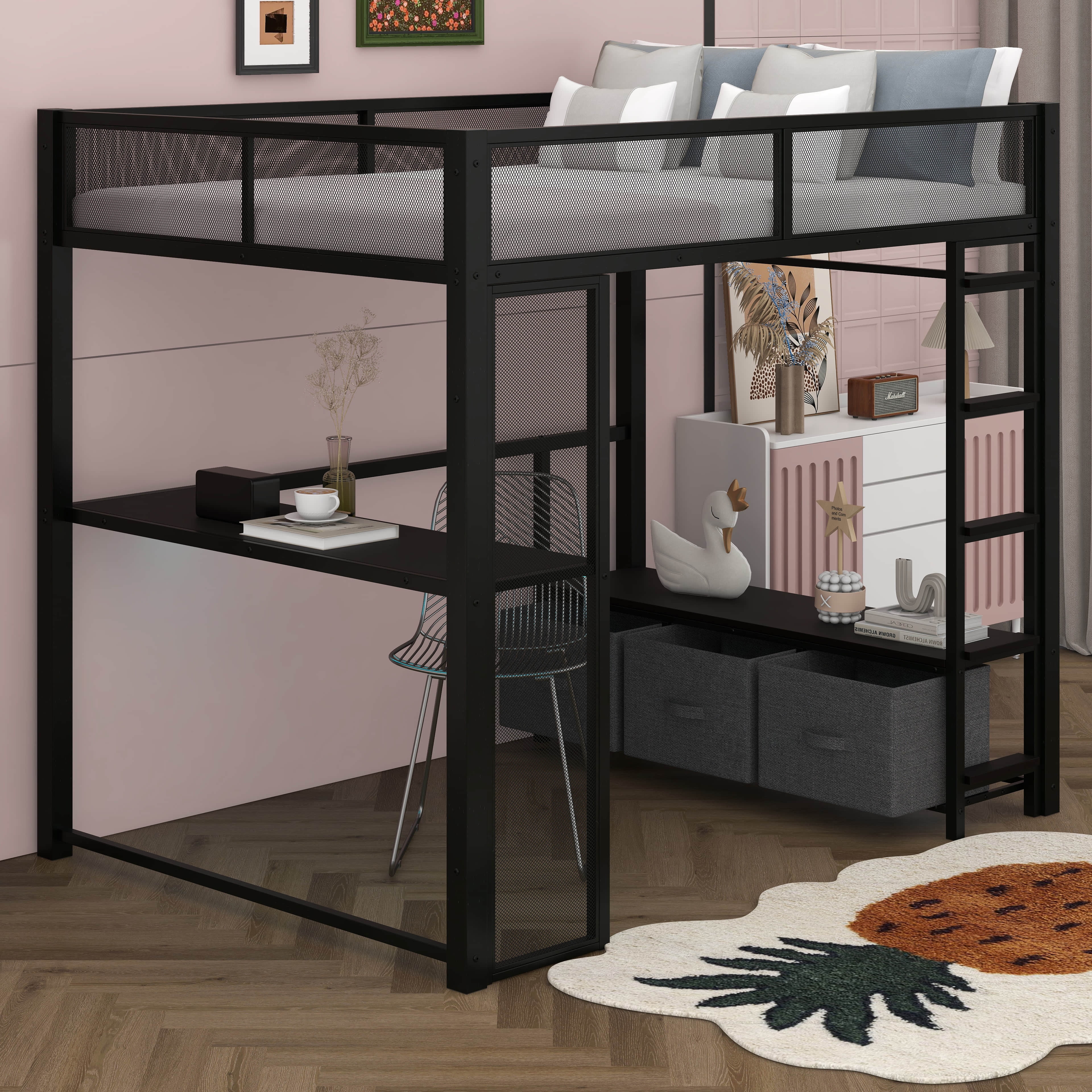 BEBPILOO Full Size Metal Gaming Loft Bed with LED, Desk, Open Wardrobe ...