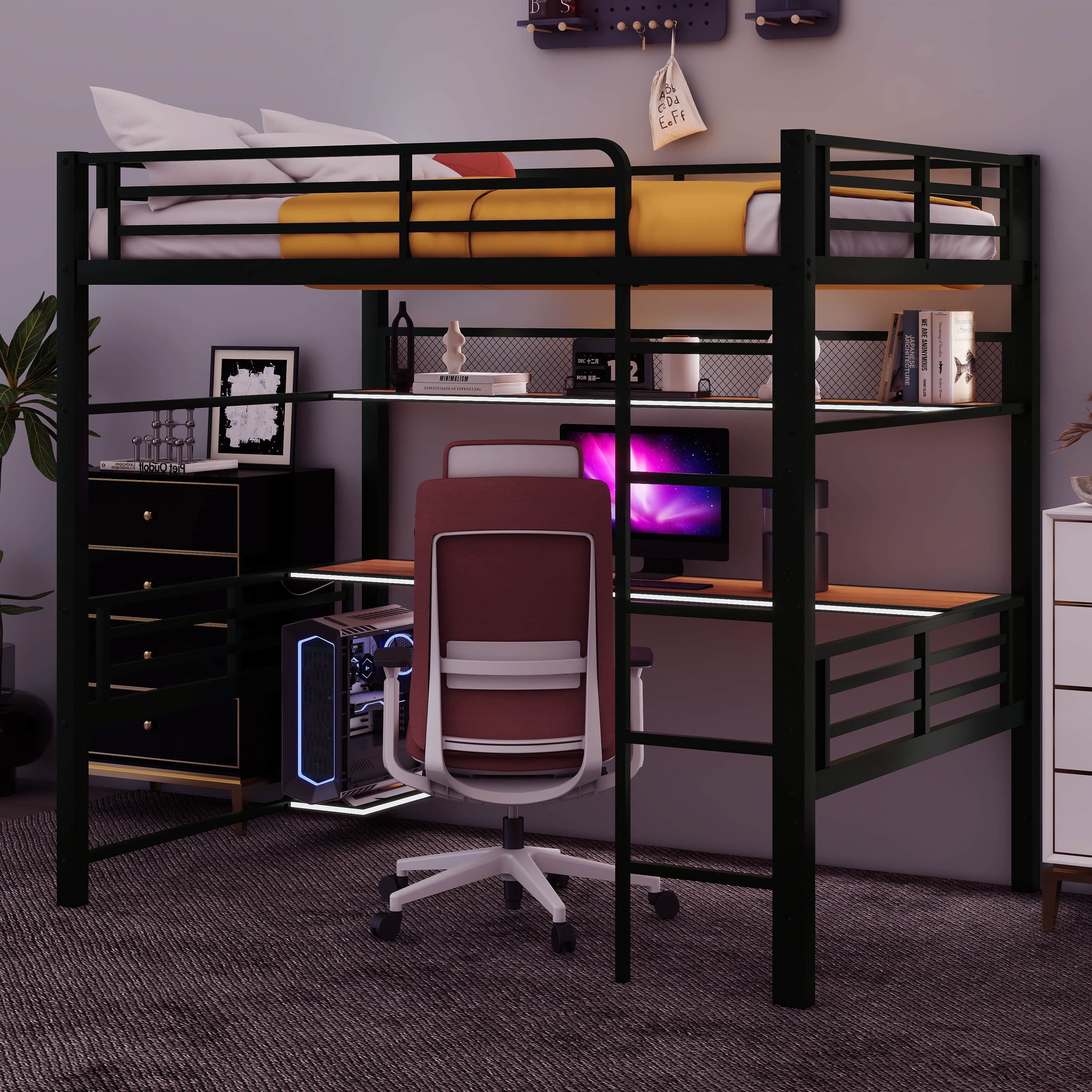 BEBPILOO Full Size Metal Loft Bed Frame with Storage Shelf and LED ...