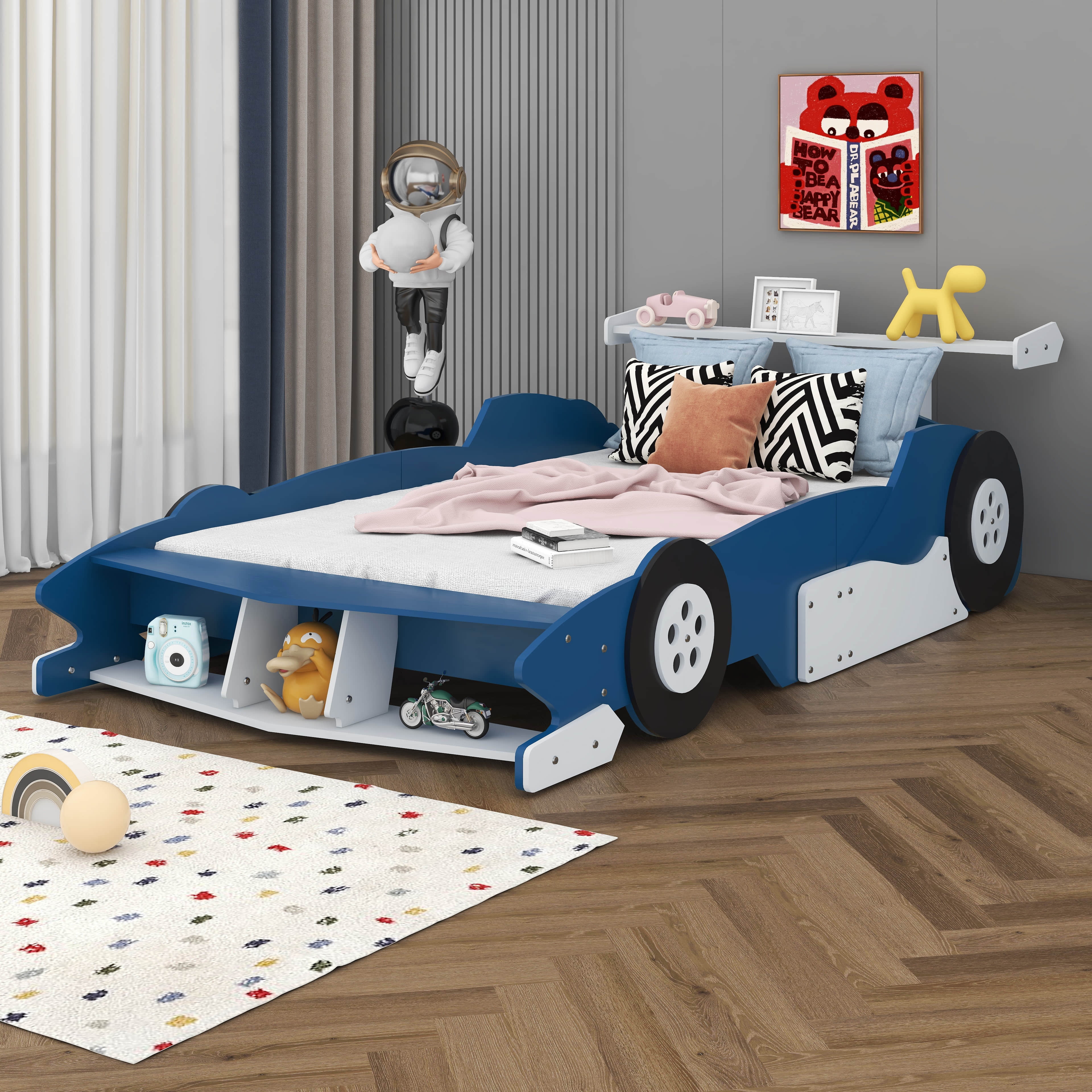 BEBPILOO Full Size Race Car-Shaped Platform Bed with Wheels,Blue ...