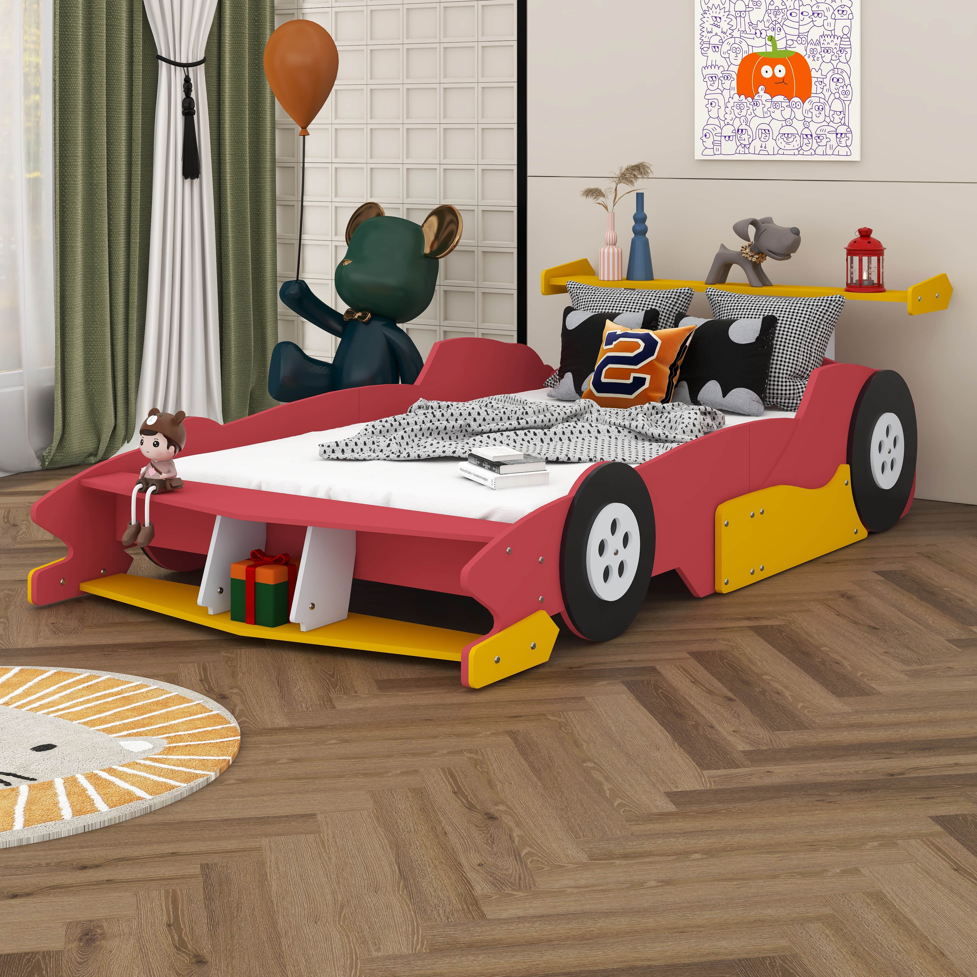 BEBPILOO Full Size Race Car-Shaped Platform Bed with Wheels,Red ...