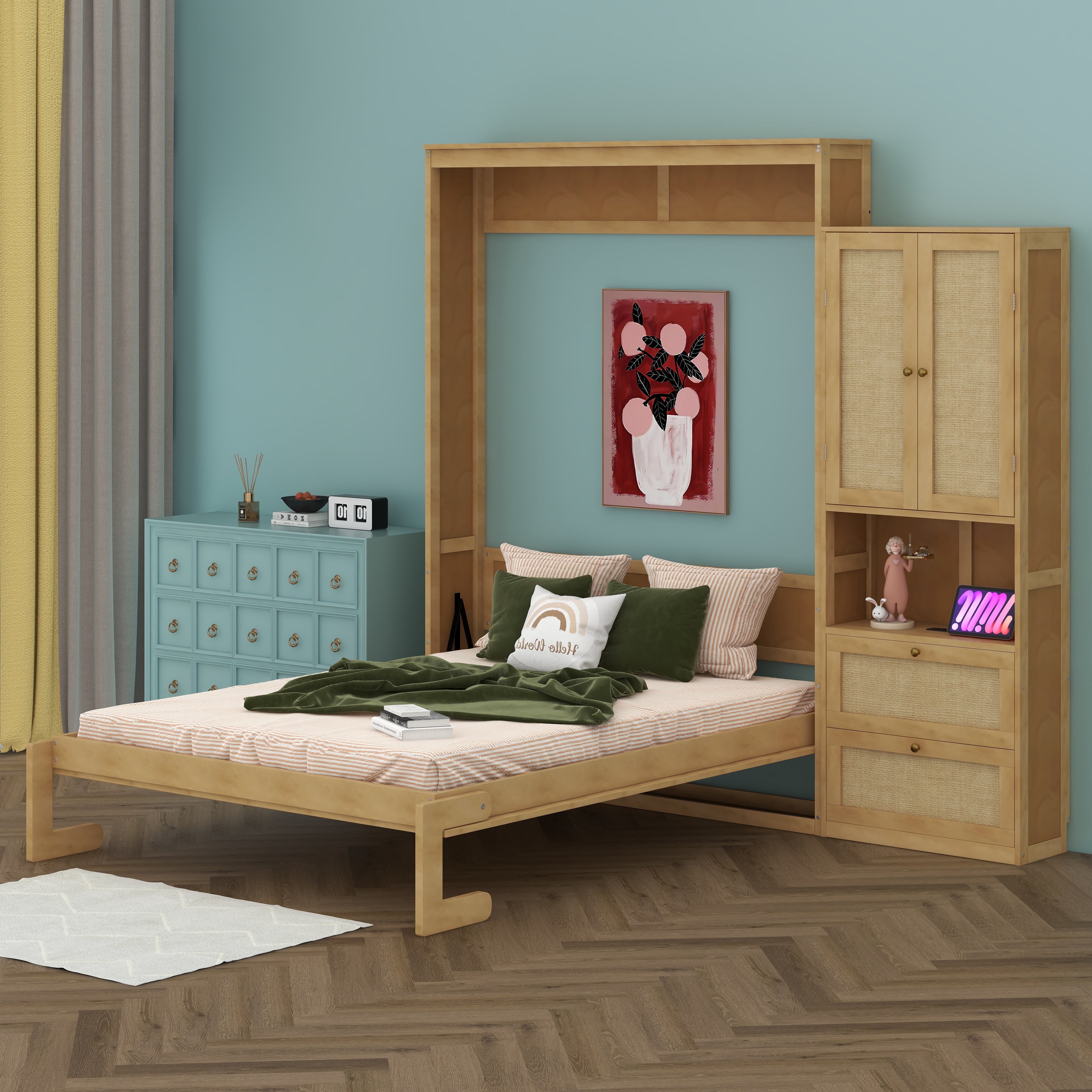 BEBPILOO Full Size Solid Wood Rattan Murphy Bed With 1 Side Cabinet ...
