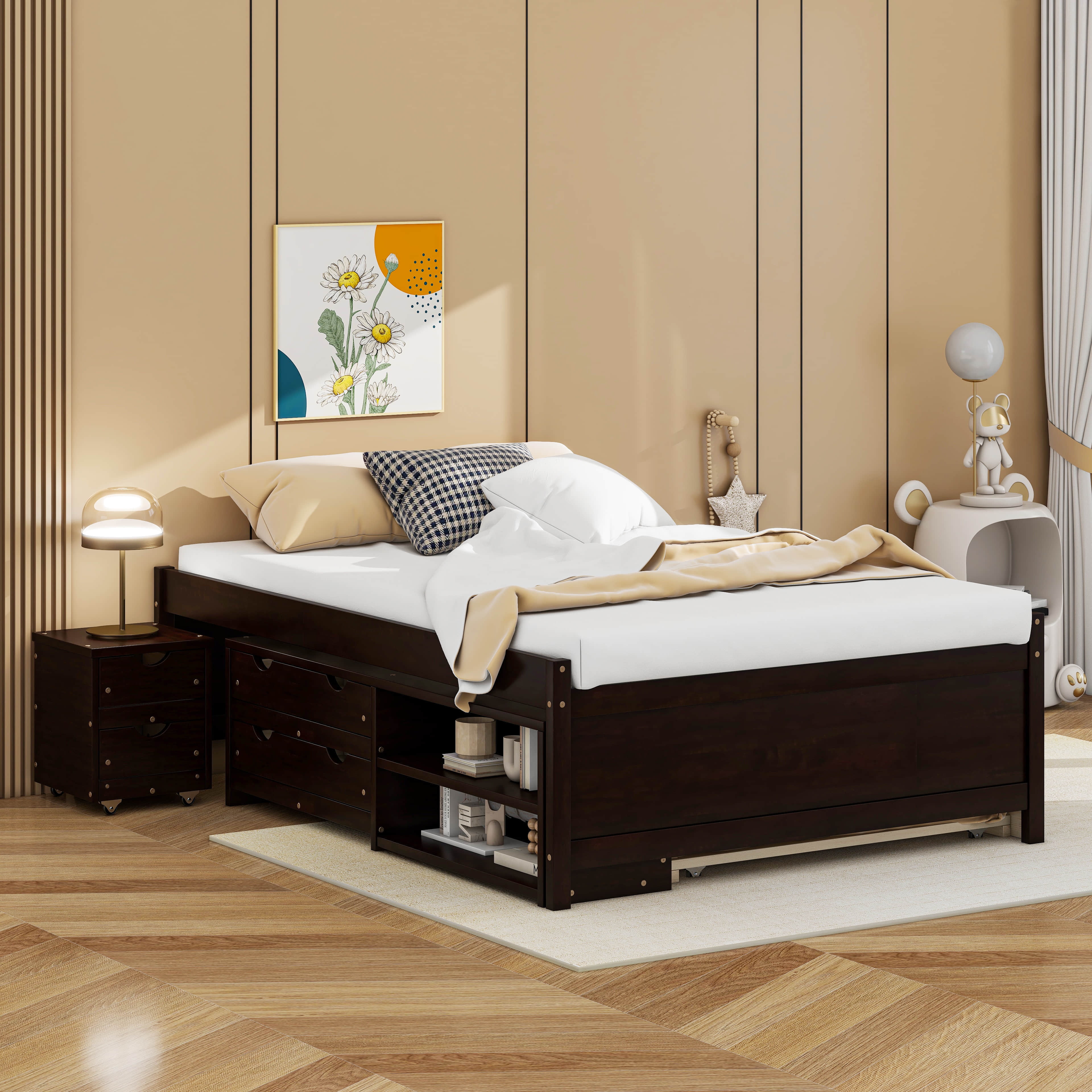 BEBPILOO Full Size Storage Bed , Solid Wood Bed with Trundle, Under bed ...