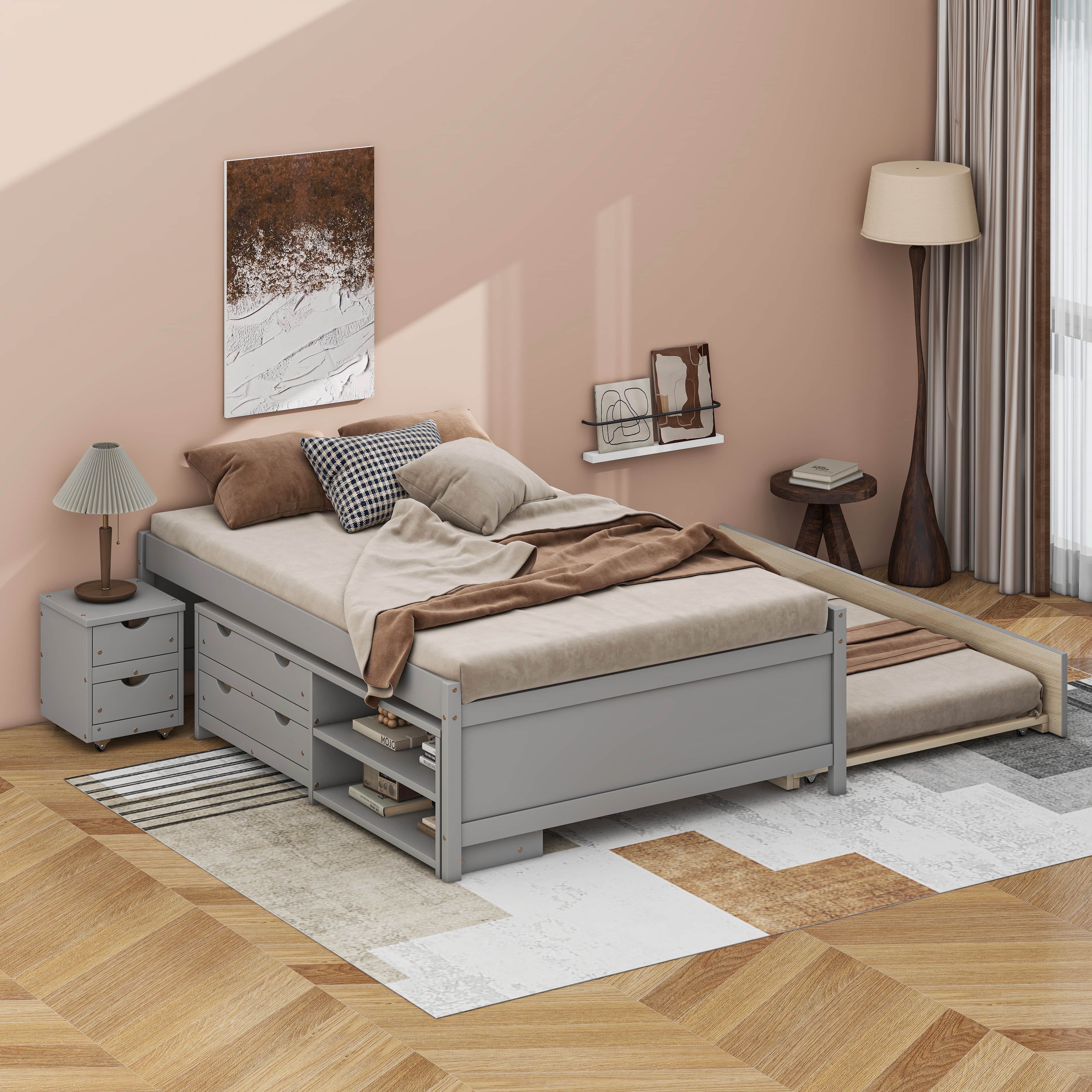 BEBPILOO Full Size Storage Bed , Solid Wood Bed with Trundle, Under bed ...