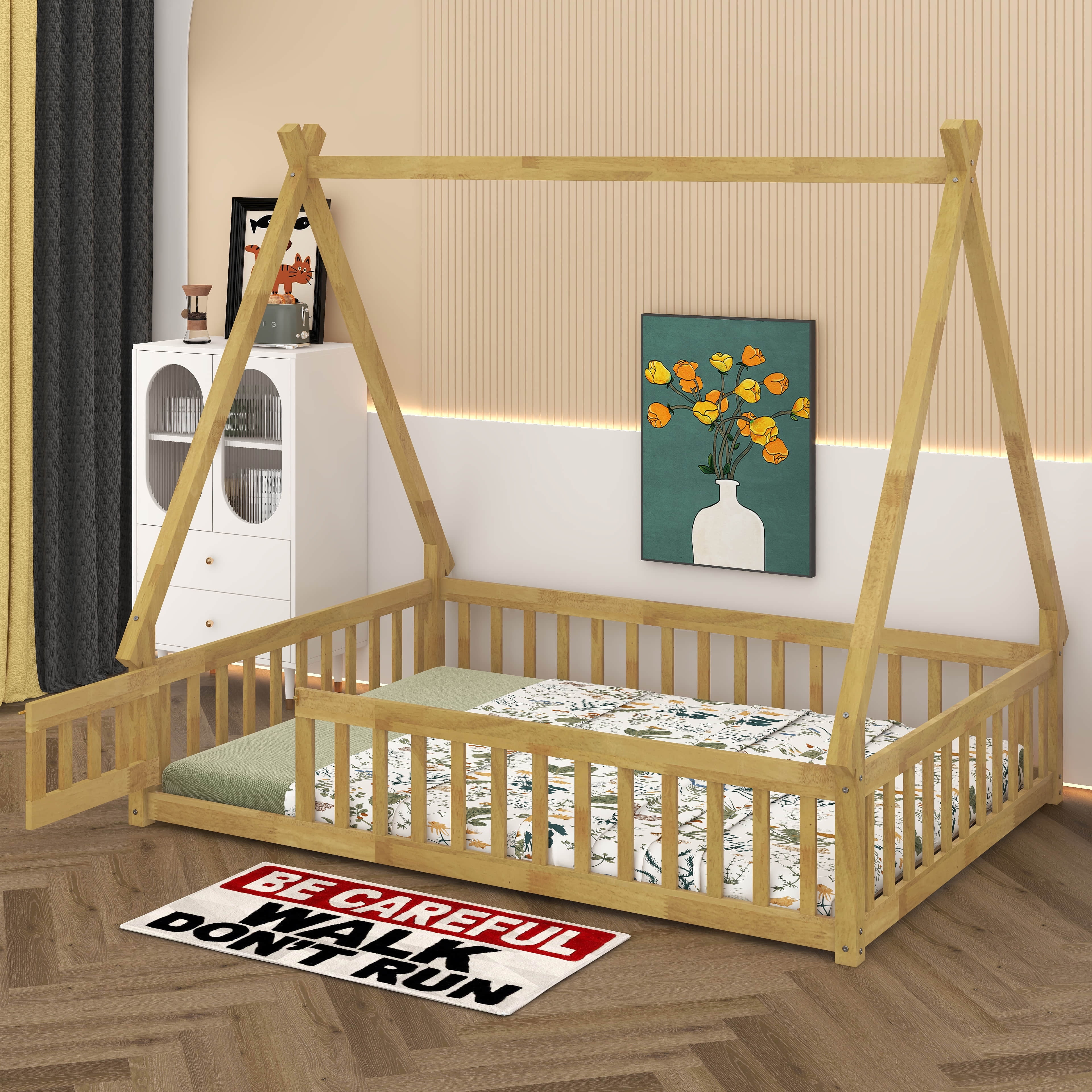 BEBPILOO Full Size Tent-shaped Floor Bed,Teepee Bed with Guardrails ...