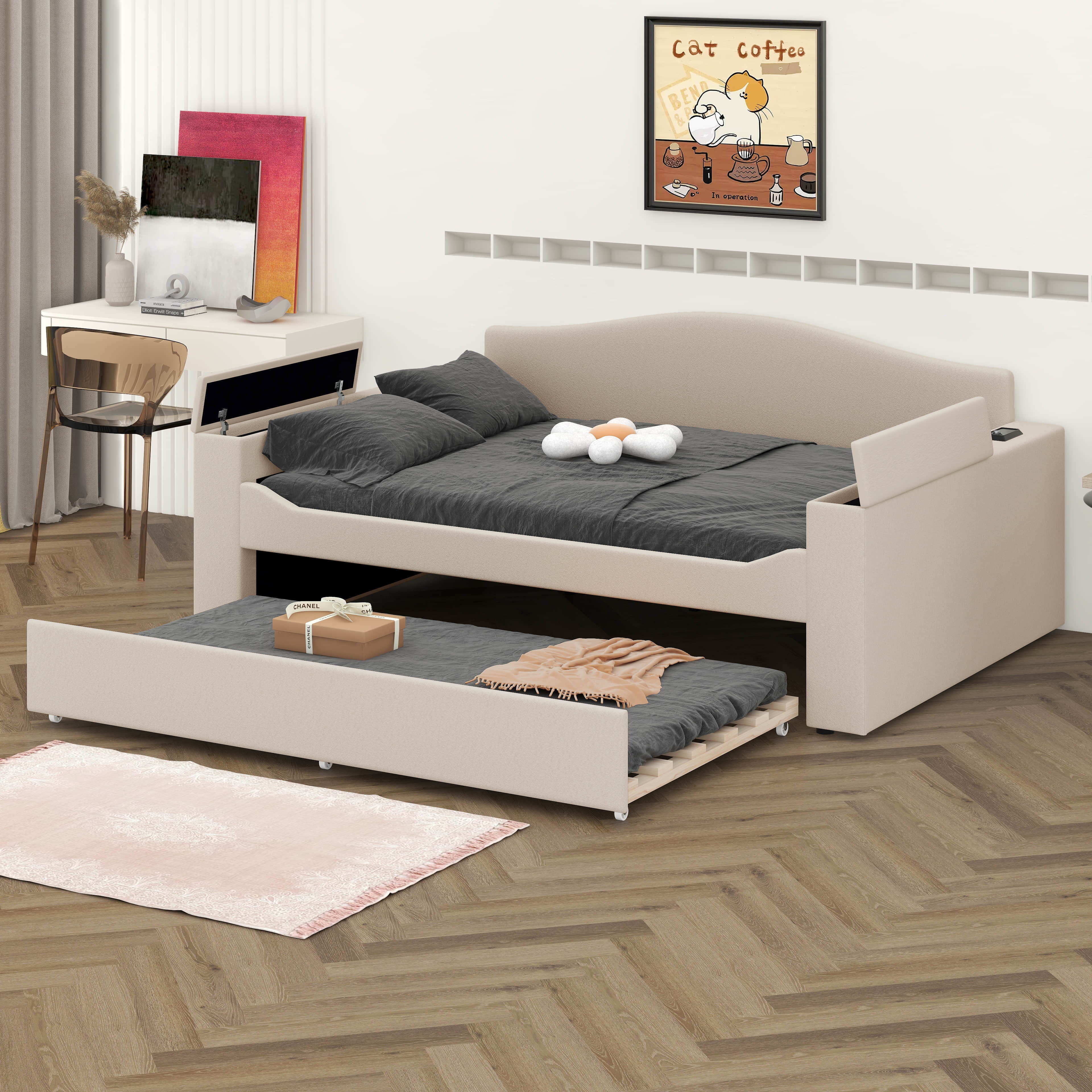 BEBPILOO Full Size Upholstered Daybed with Storage Armrests, Trundle ...
