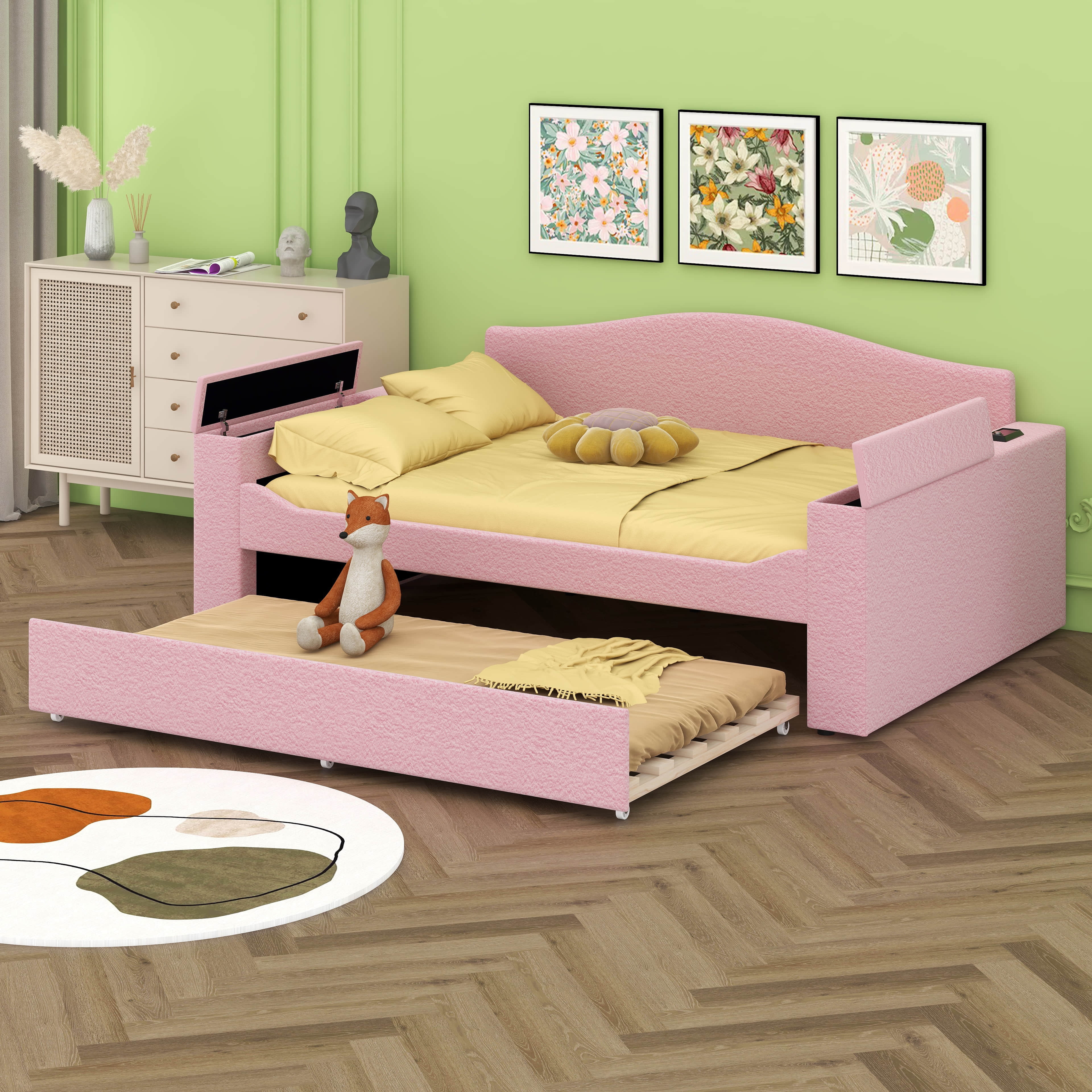 BEBPILOO Full Size Upholstered Daybed with Storage Armrests, Trundle ...