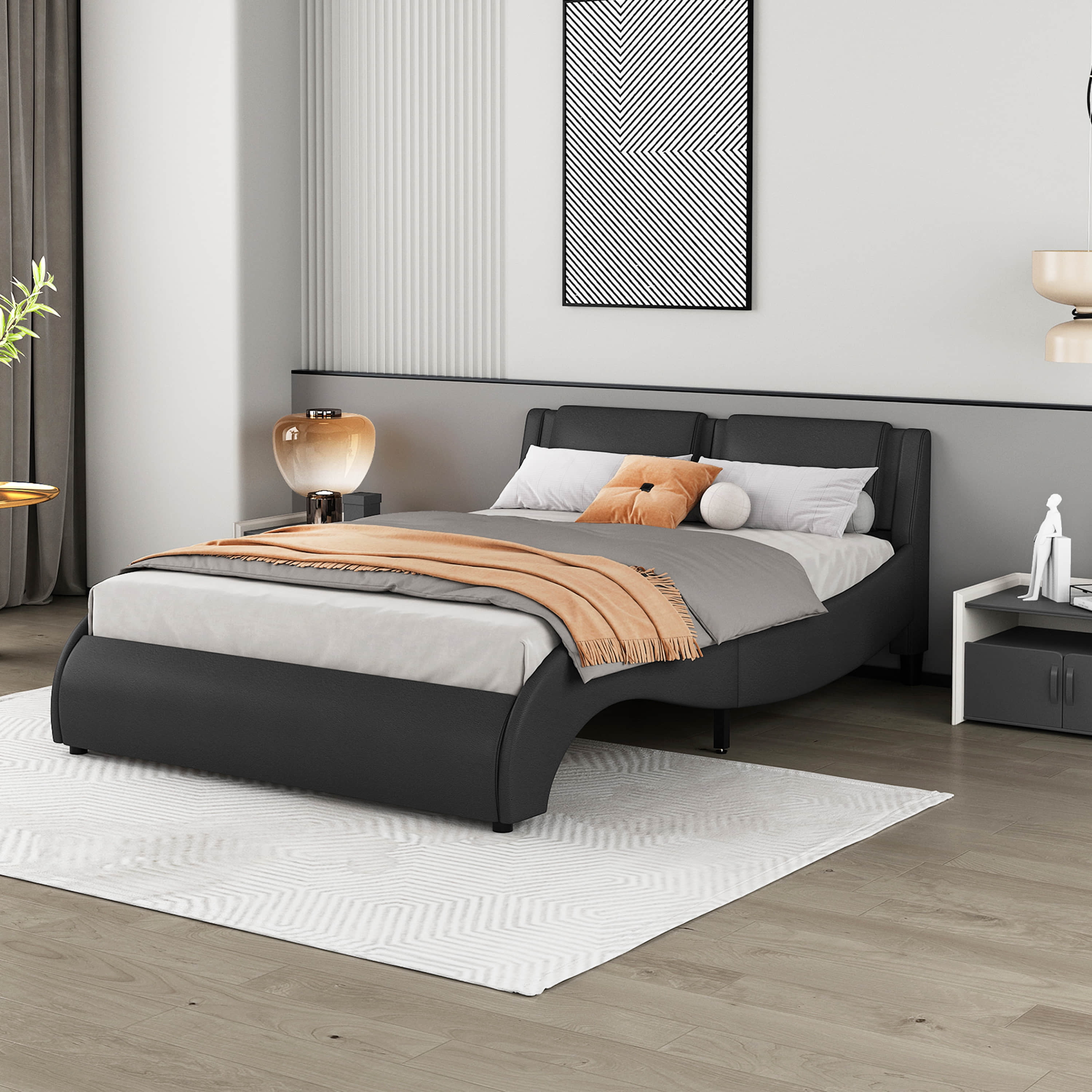 BEBPILOO Full Size Upholstered Faux Leather Platform Bed with LED Light ...