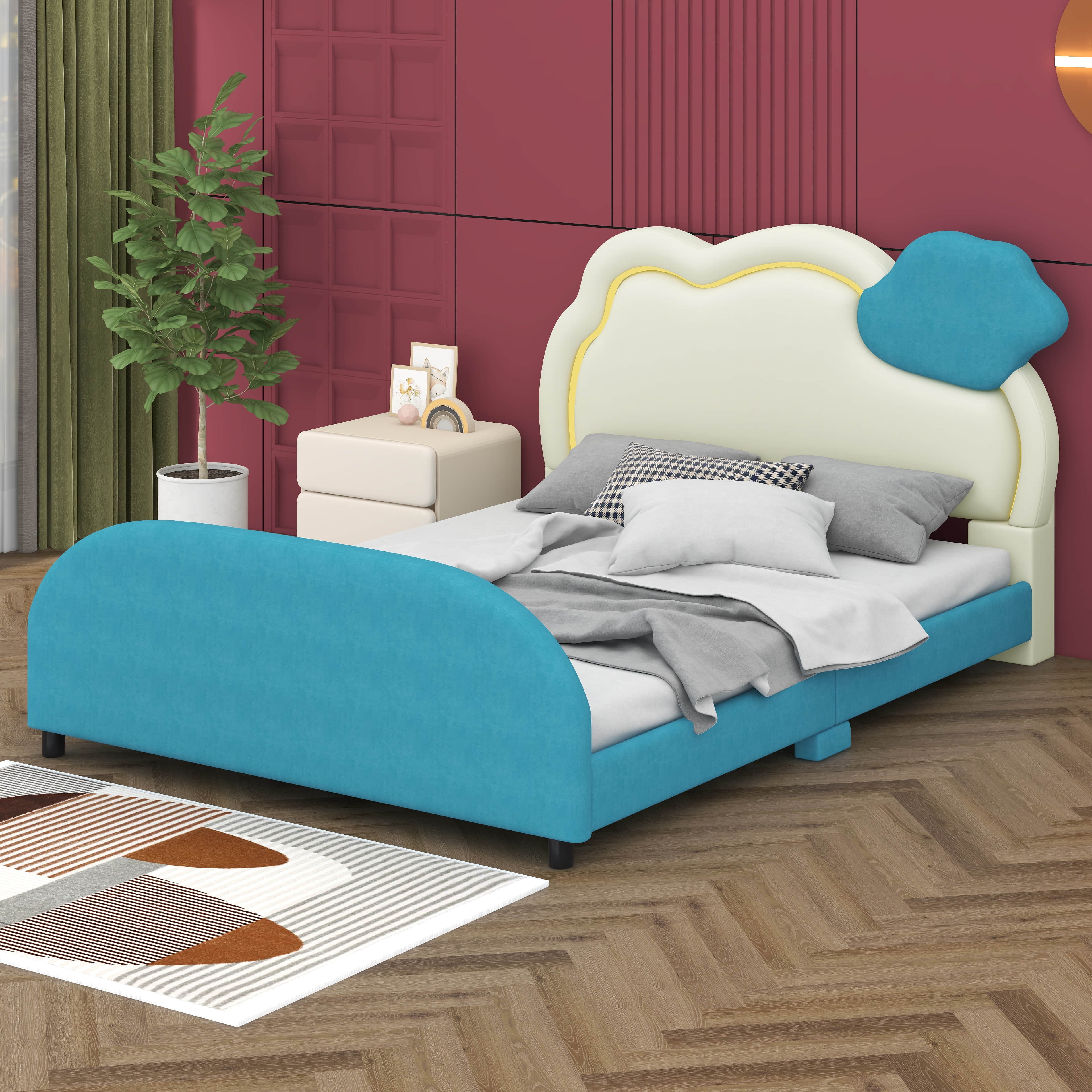 BEBPILOO Full Size Upholstered Platform Bed with Cloud-Shaped Headboard ...