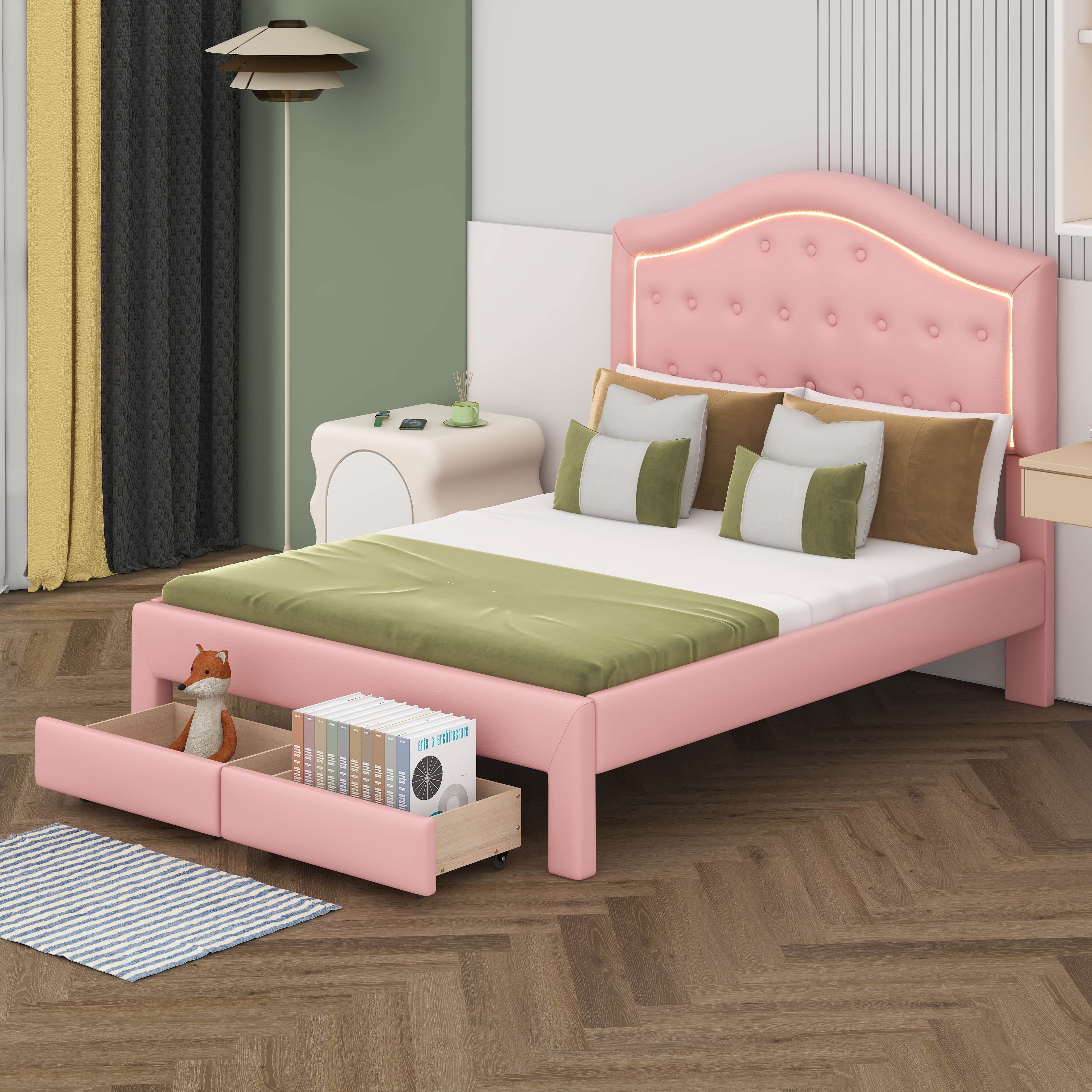 BEBPILOO Full Size Upholstered Platform Bed with Tufted Headboard, LED ...