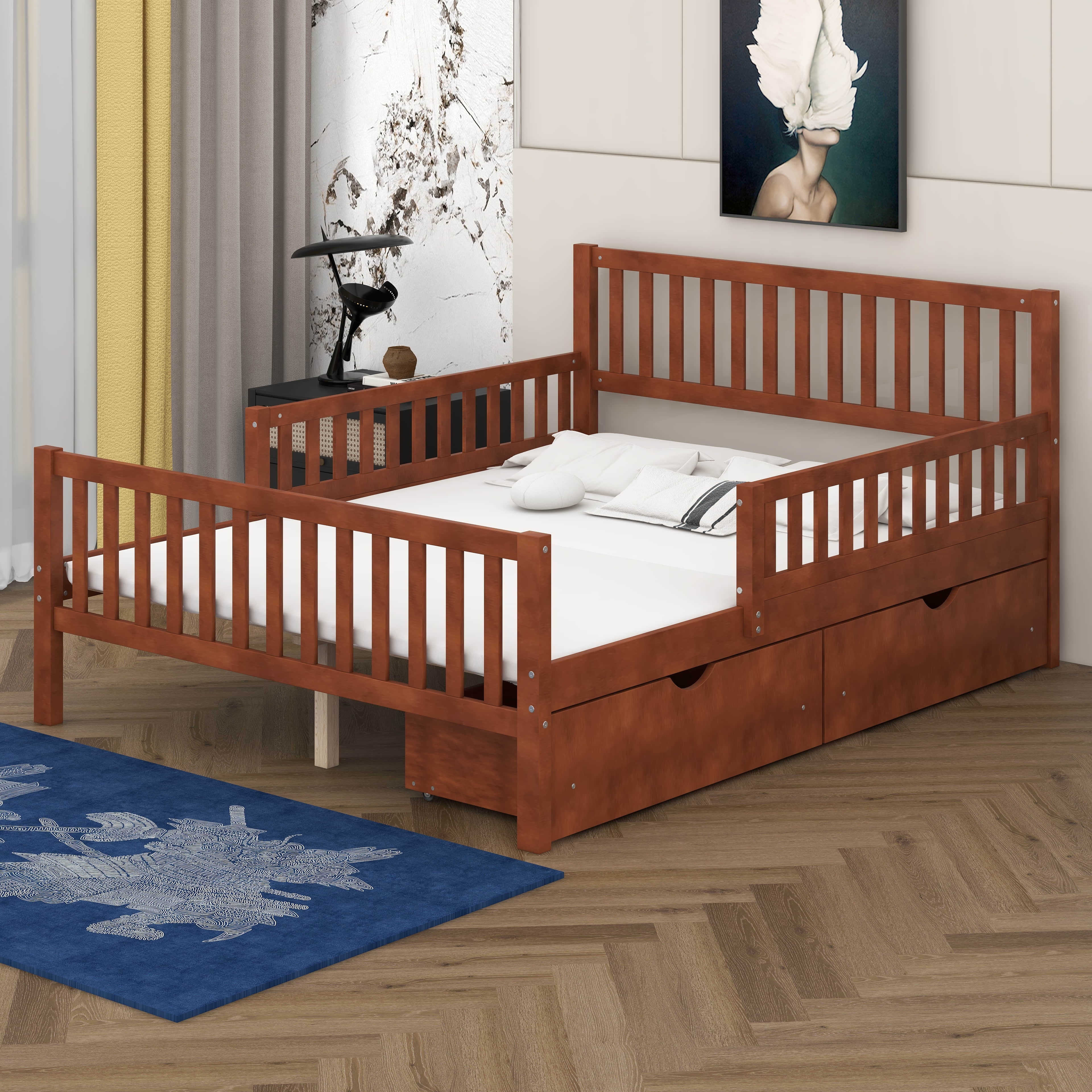 BEBPILOO Full Size Wooden Platform Bed with Headboard, Footboard ...