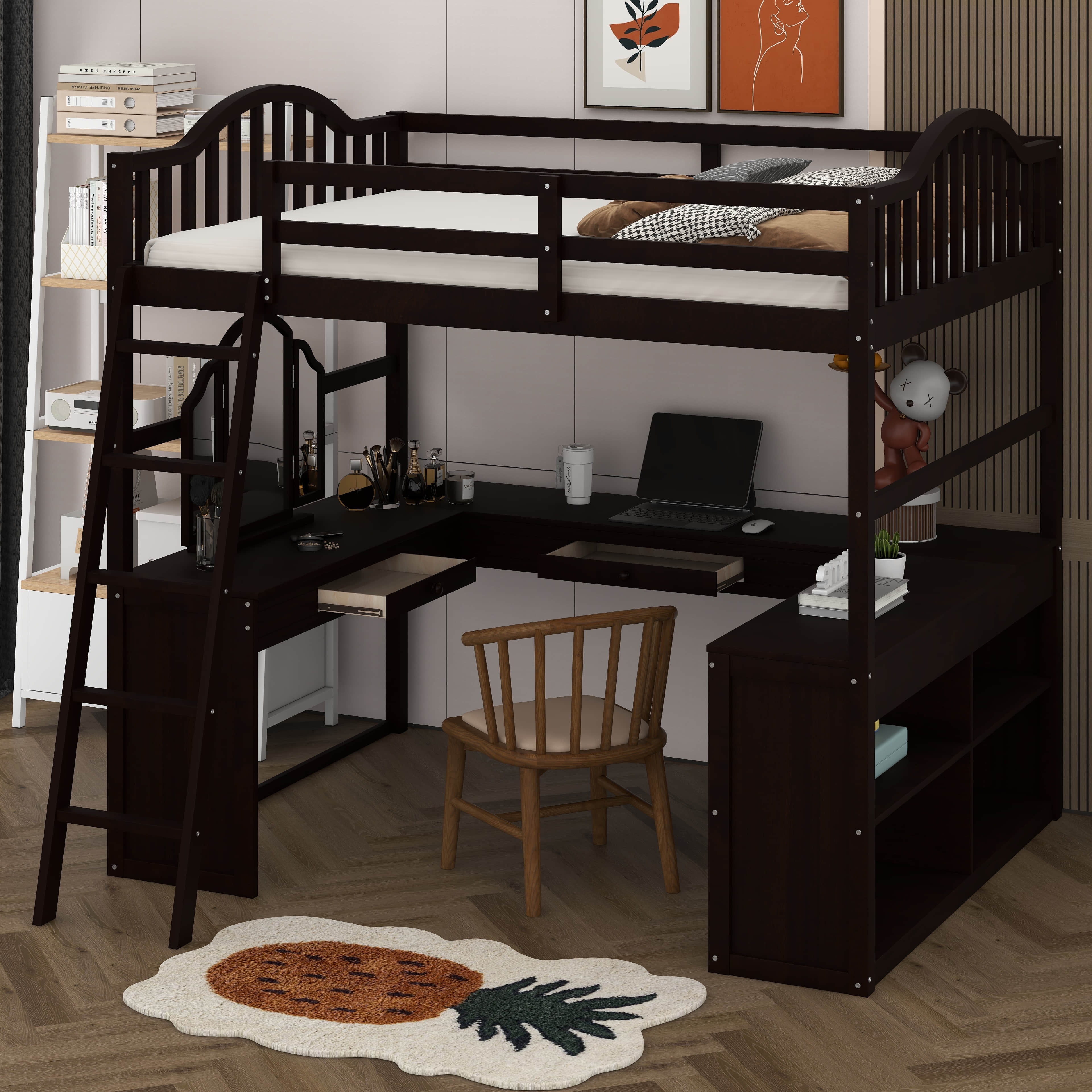 BEBPILOO Full Wooden Loft Bed with U-shaped Desk,Storage Compartments and Tri-fold Mirror ...