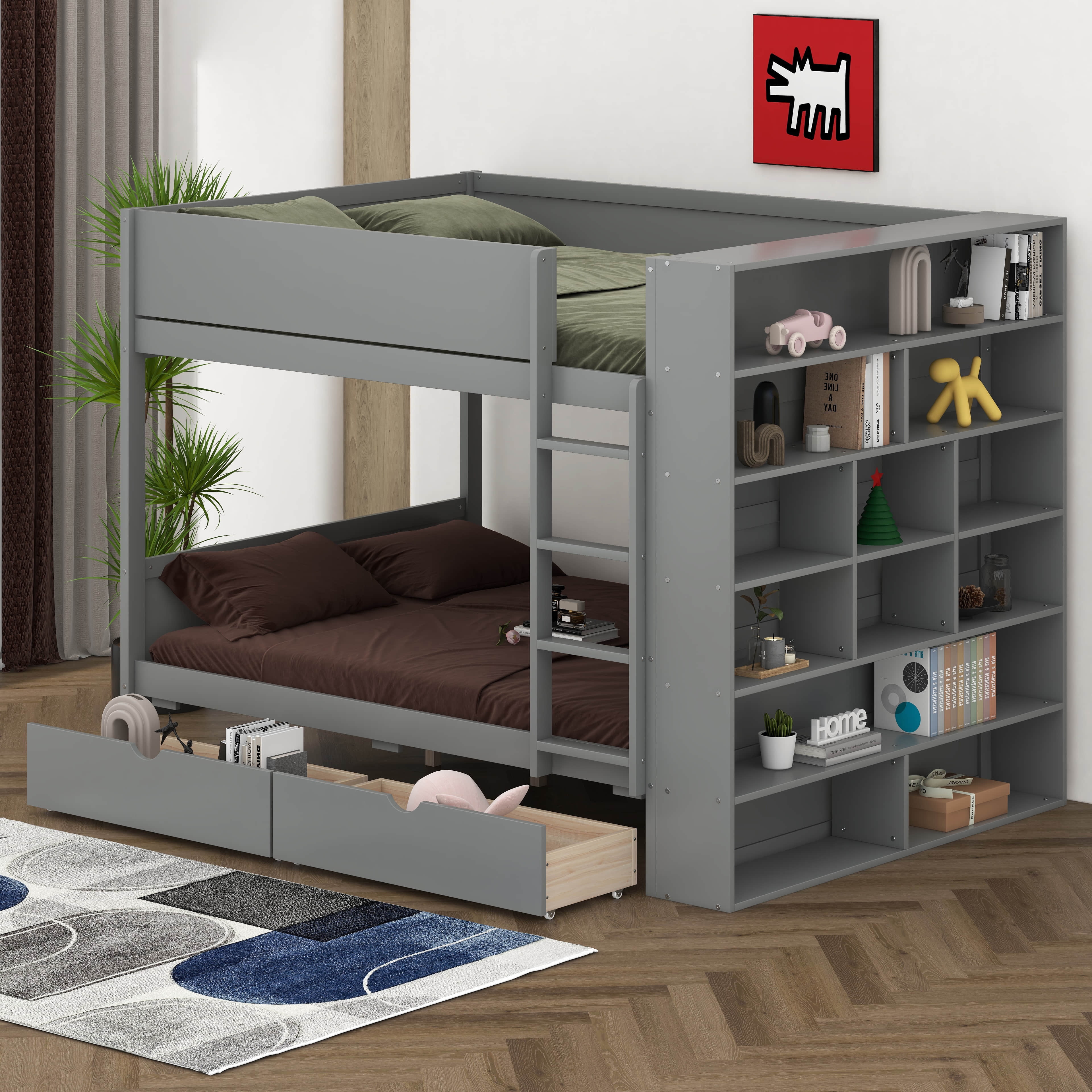 BEBPILOO Full over Full Bunk Bed With 2 Drawers and Multi-layer Cabinet ...