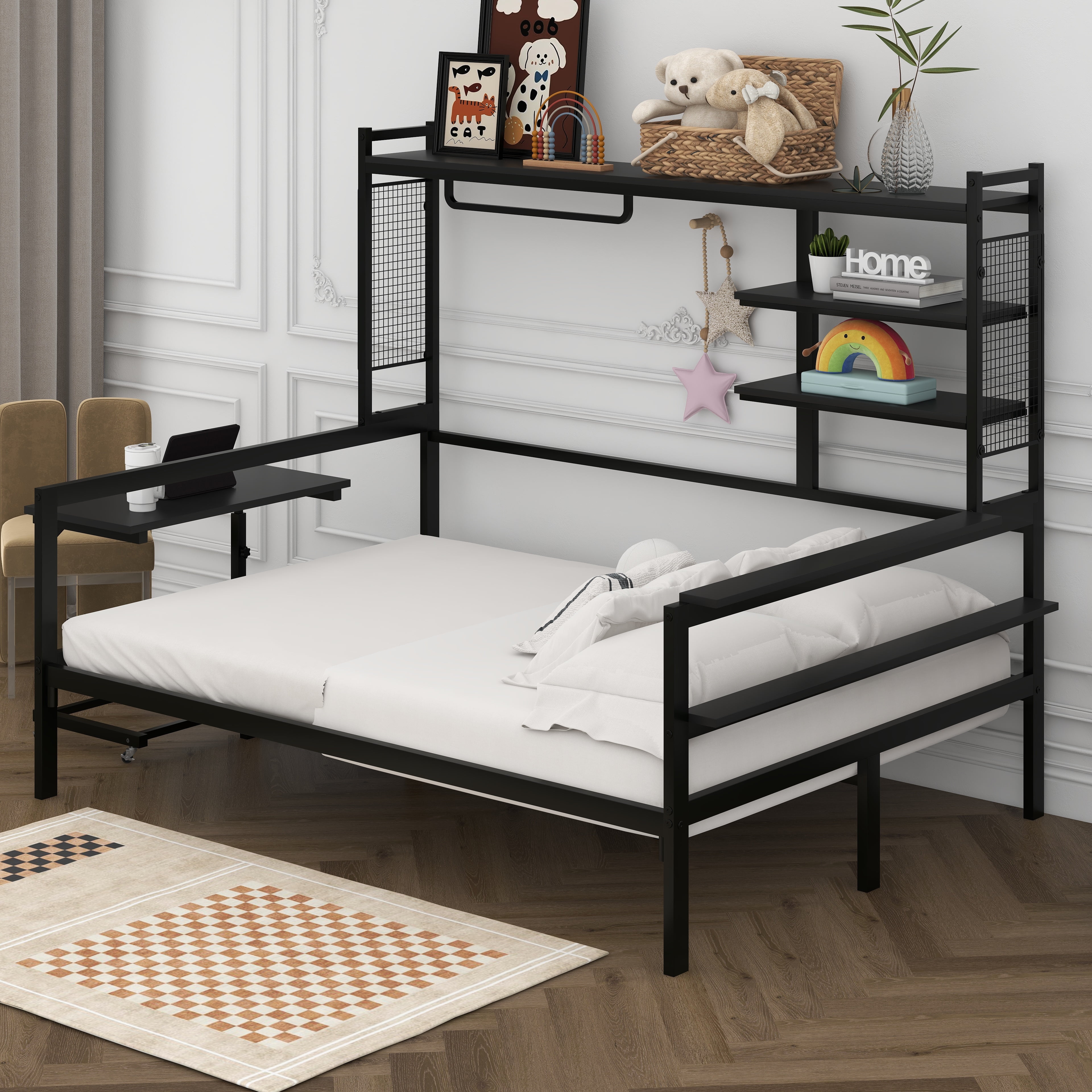 BEBPILOO Full size Metal Daybed with Movable Desk, Metal Grid, Shelves ...
