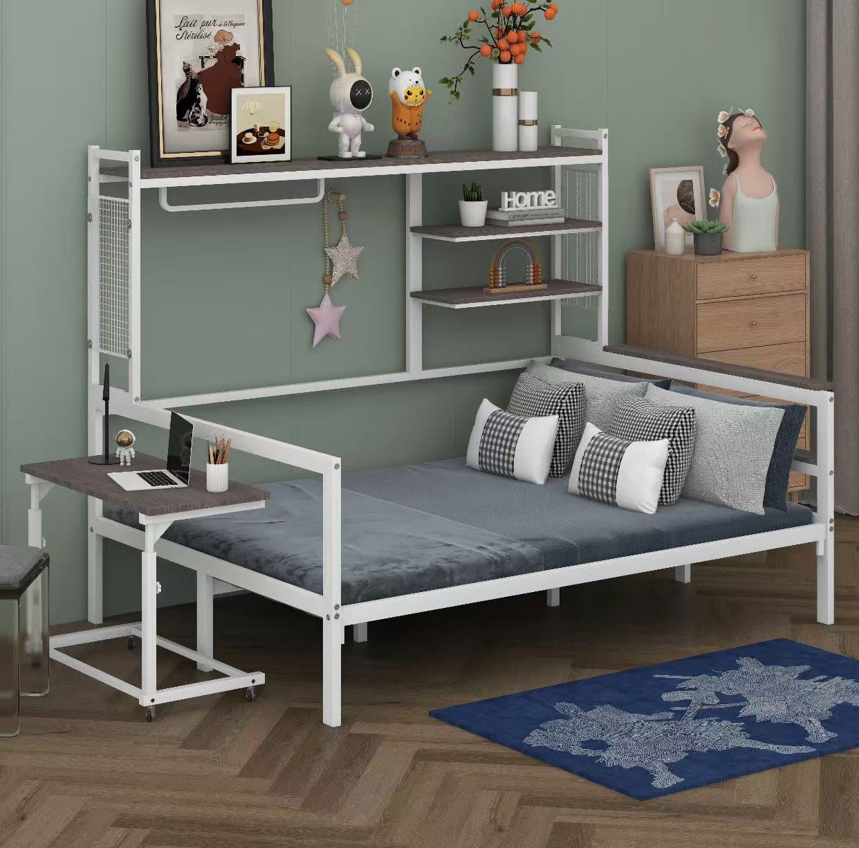 BEBPILOO Full size Metal Daybed with Movable Desk, Metal Grid, Shelves ...
