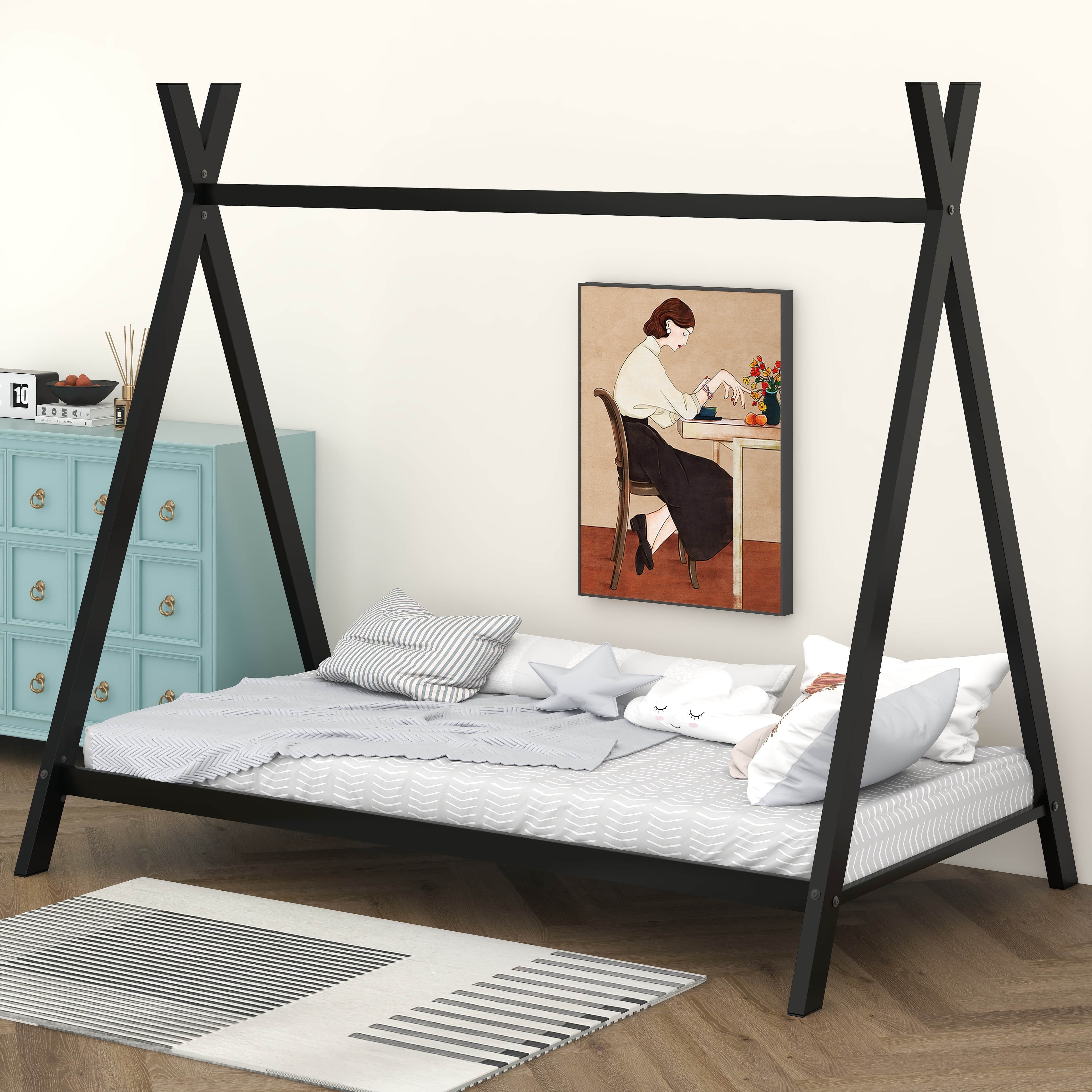 BEBPILOO House Bed Tent Bed Frame Twin Size Metal Floor Play House Bed ...