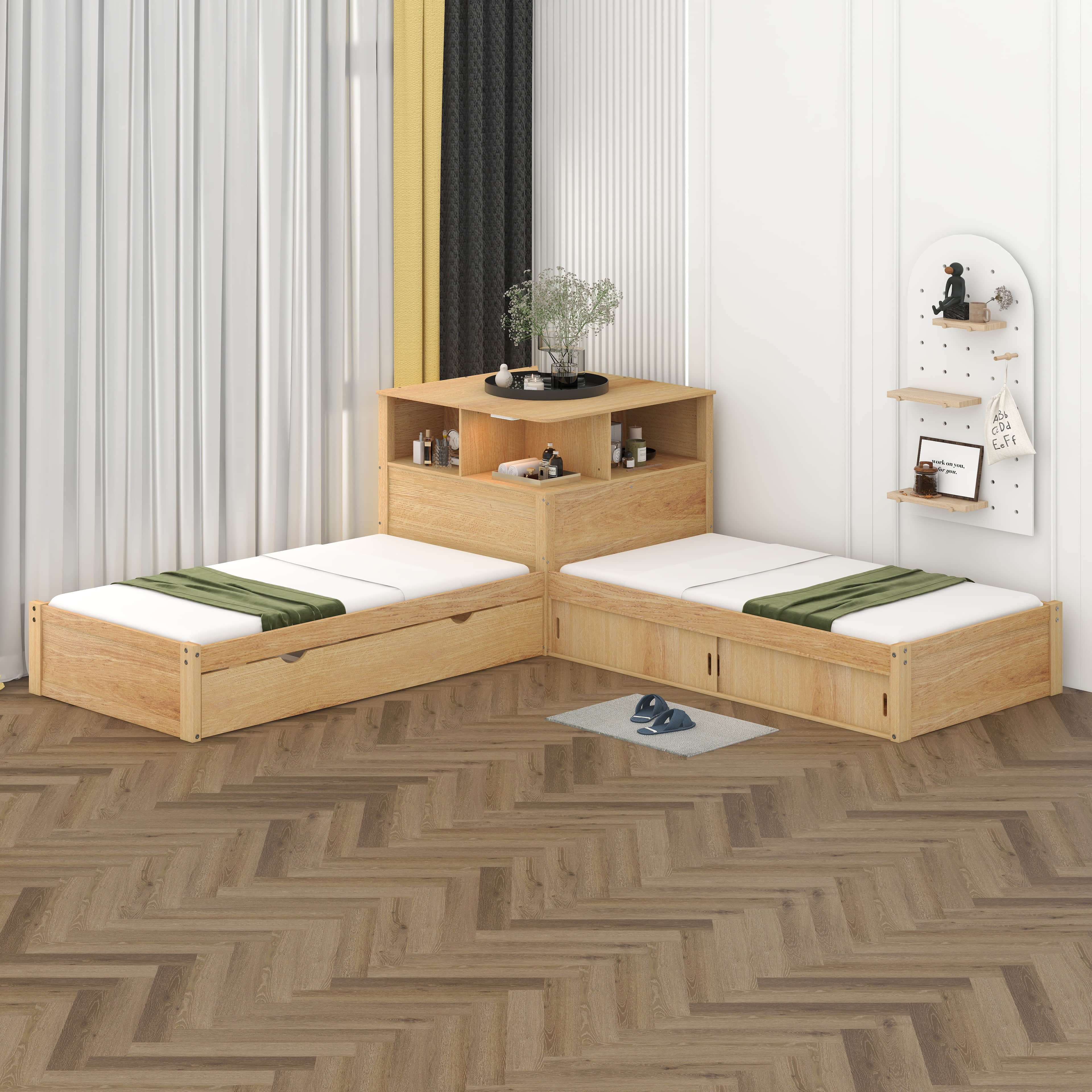 BEBPILOO L - Shaped Twin Corner Platform Bed with Trundle, Storage ...