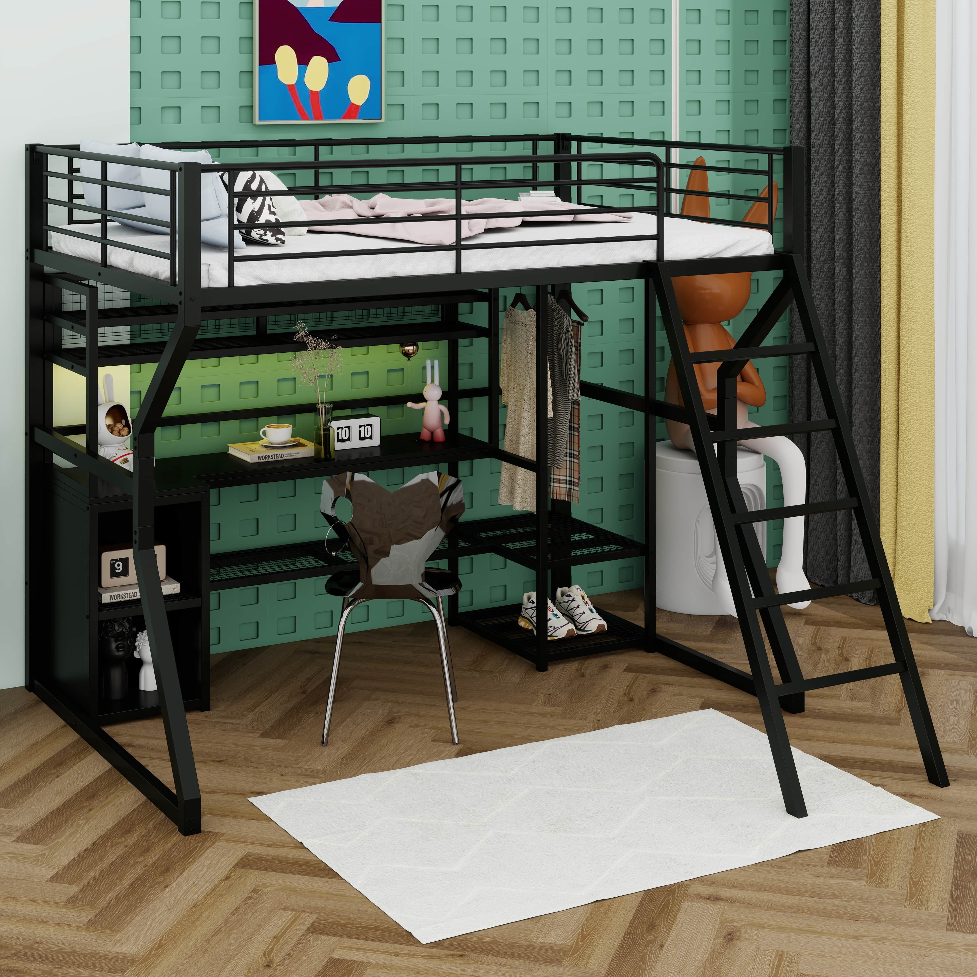 BEBPILOO Metal Full Size Gaming Loft Bed with Built-in Desk, Open ...
