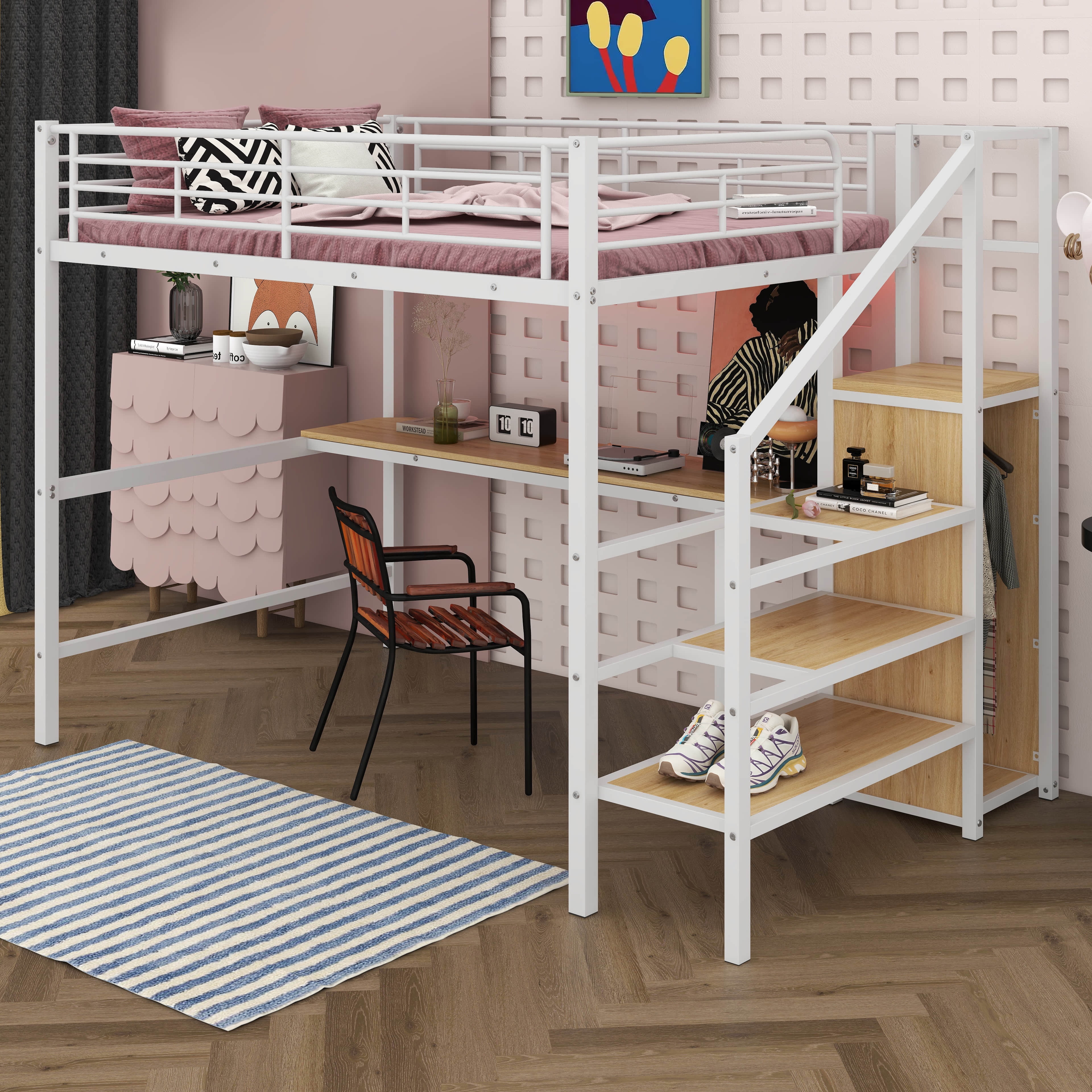 BEBPILOO Metal Full Size White Color Loft Bed with Desk, Storage ...