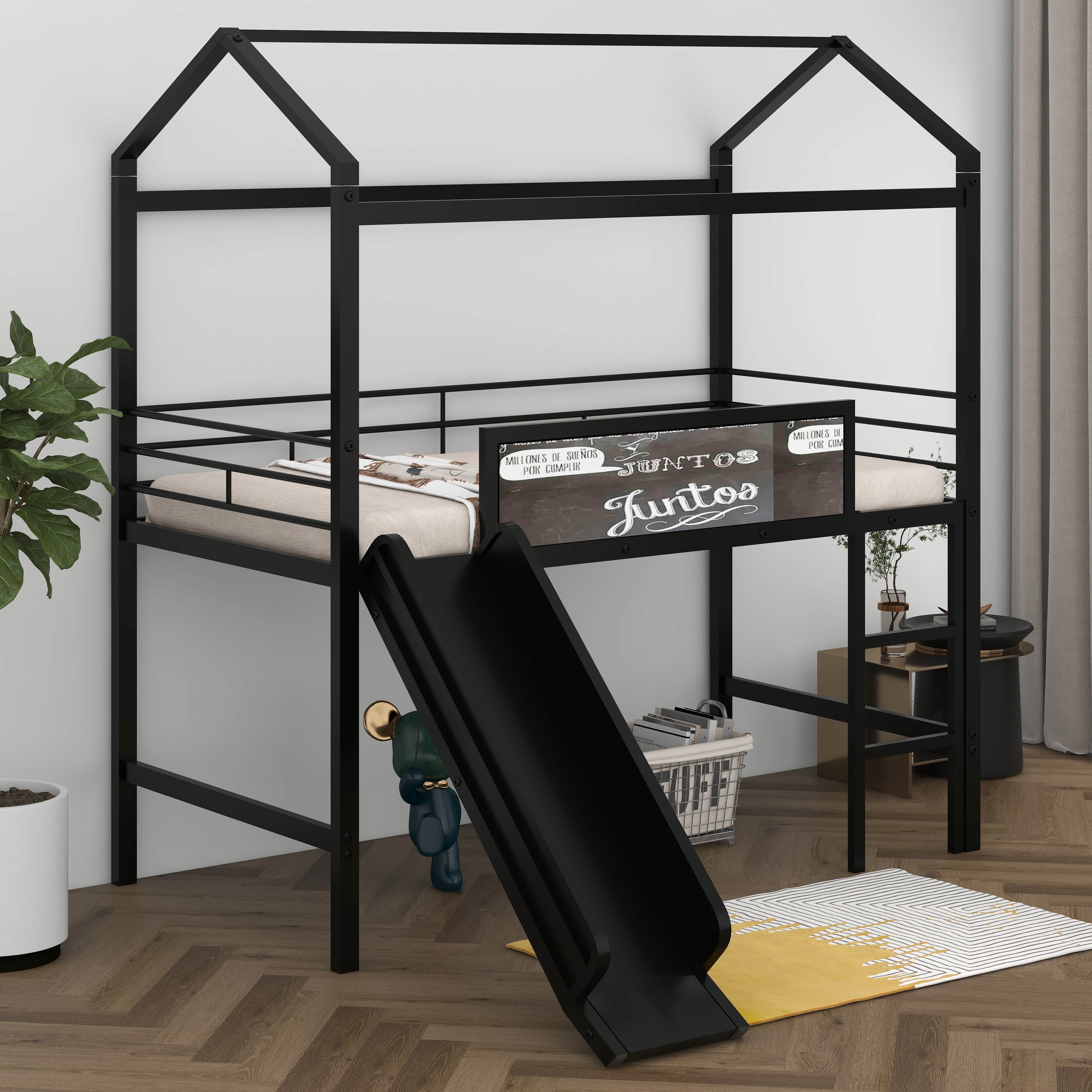 BEBPILOO Metal House Bed With Slide, Twin Size Metal Loft Bed with Two ...