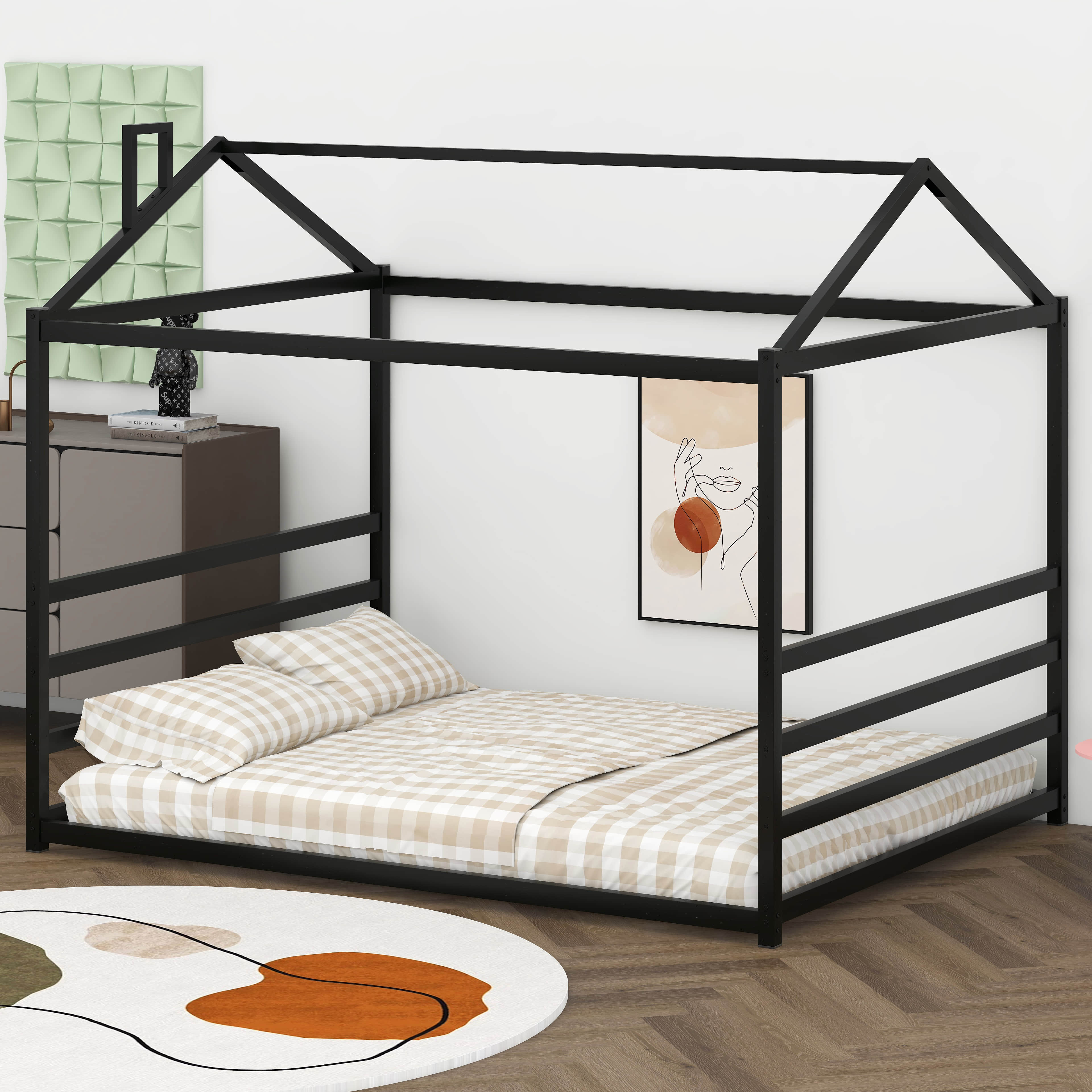 BEBPILOO Metal House Shape Platform Bed, Black, Queen - Walmart.com