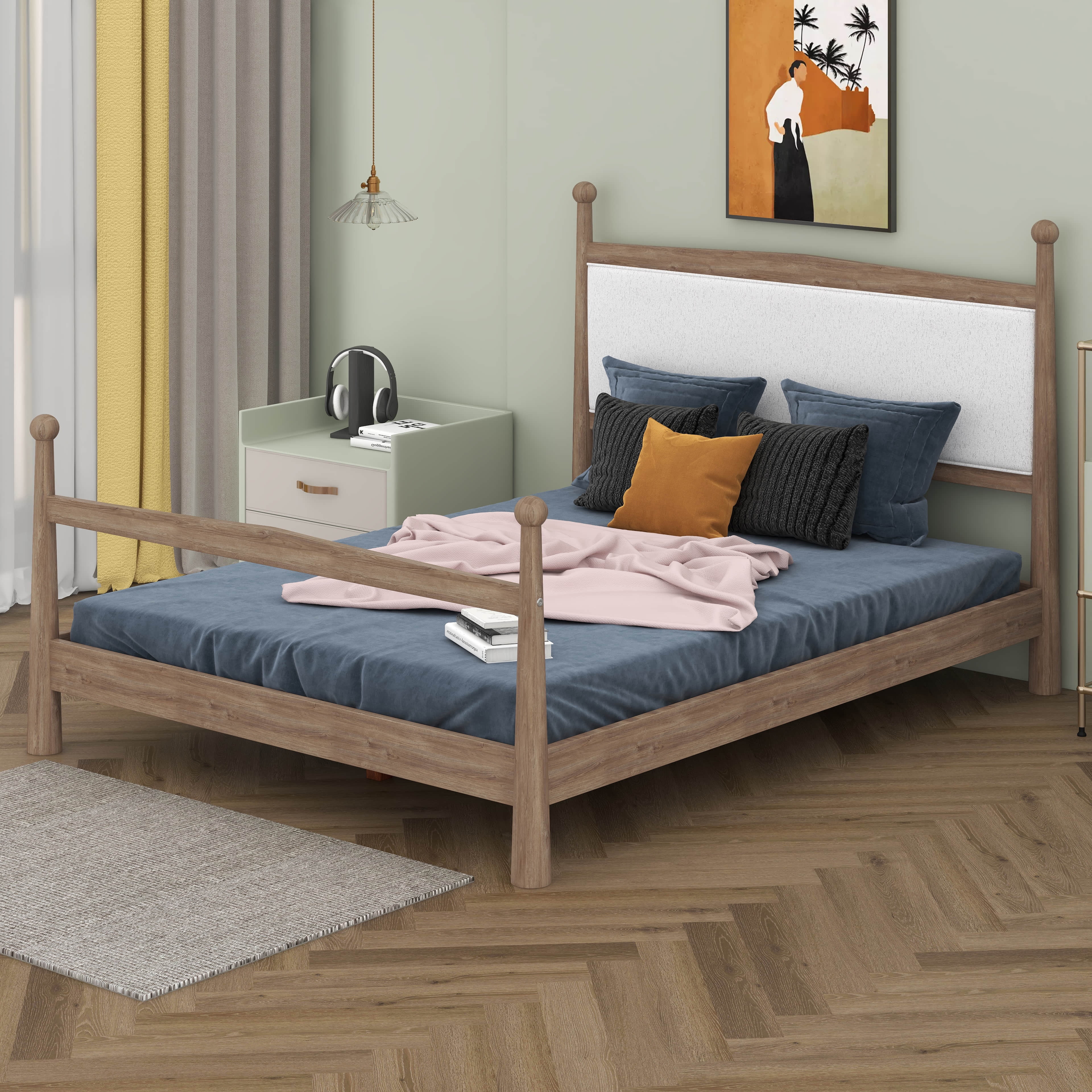 BEBPILOO Mid-Century Modern Pine Solid Queen Platform Bed with ...