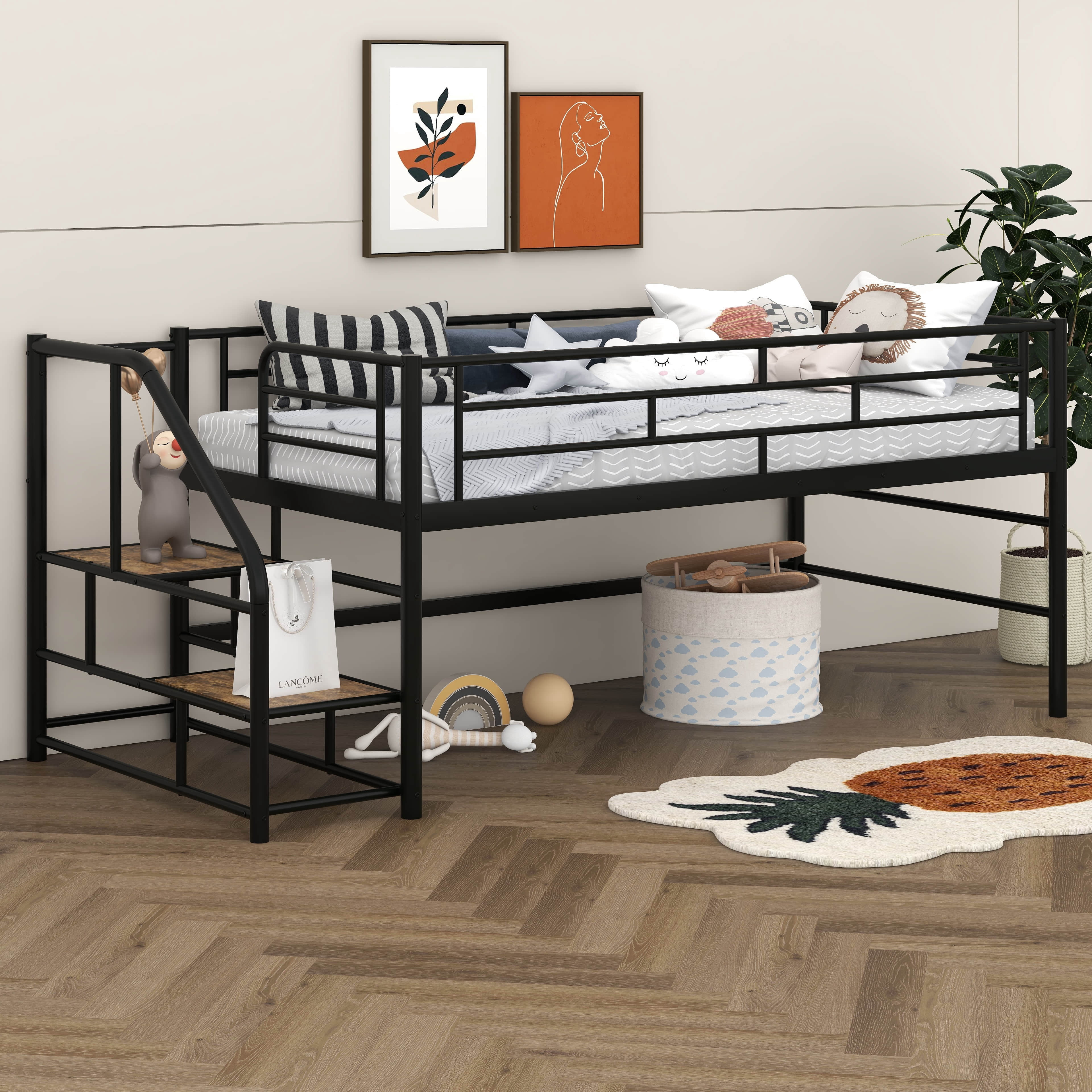 BEBPILOO Mid Loft Bed with Storage Stairs, Twin, Black - Walmart.com
