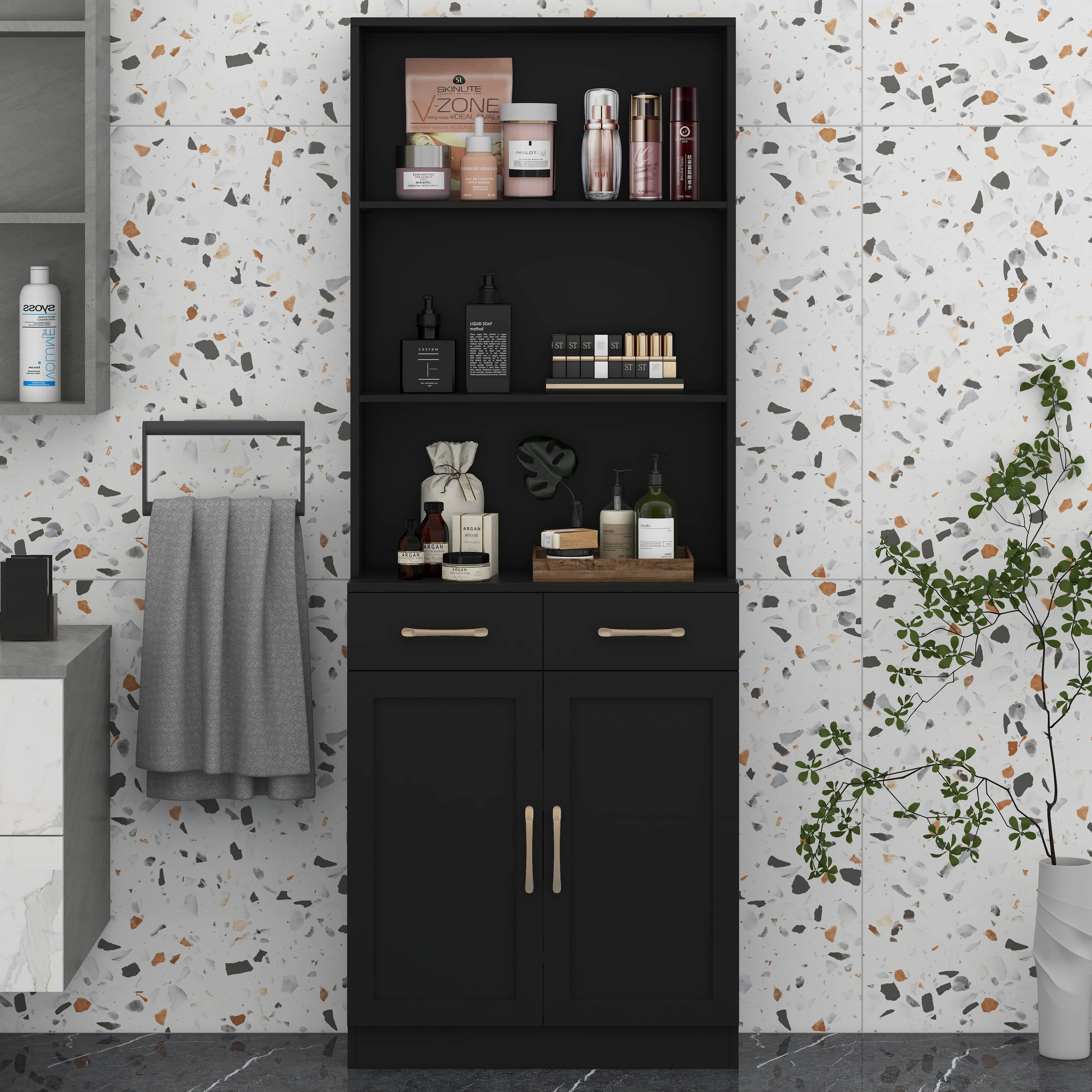 BEBPILOO Multifunctional Tall Storage Cabinet with Two Doors, Drawers ...