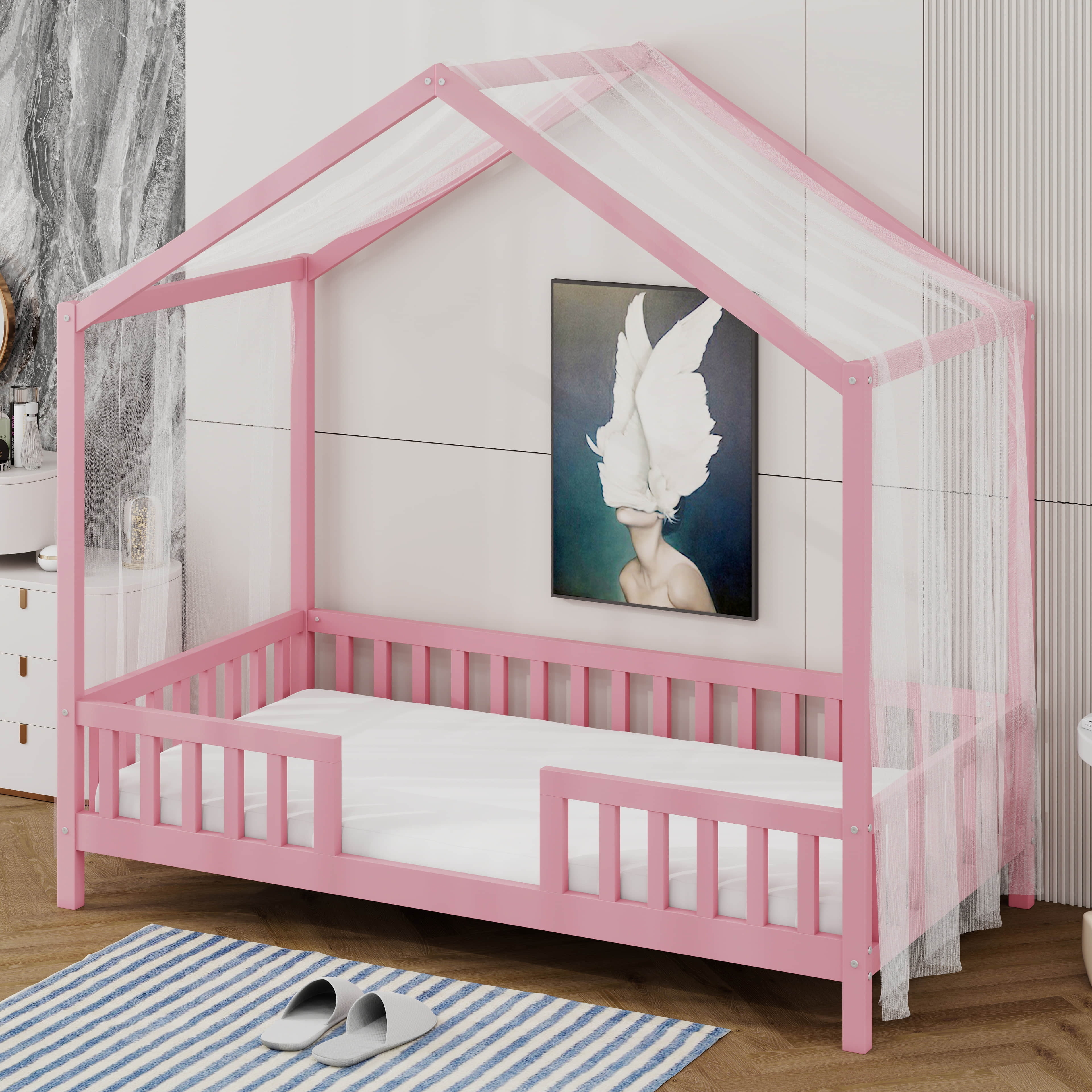 BEBPILOO Pink Twin Size House Bed with Canopy, Sturdy Pinewood ...