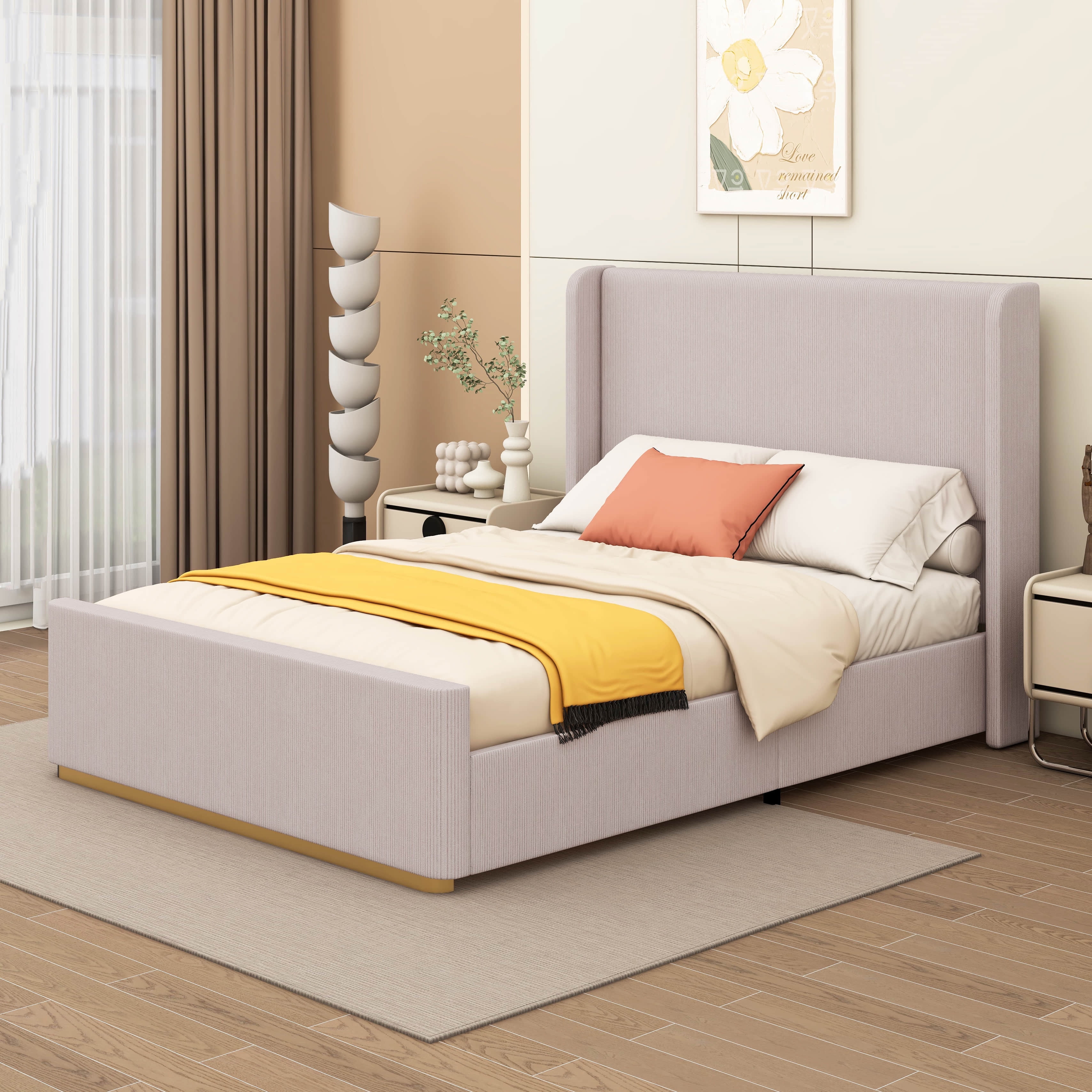 BEBPILOO Queen Size Corduroy Upholstered Bed Frame with Vertical Stripe ...